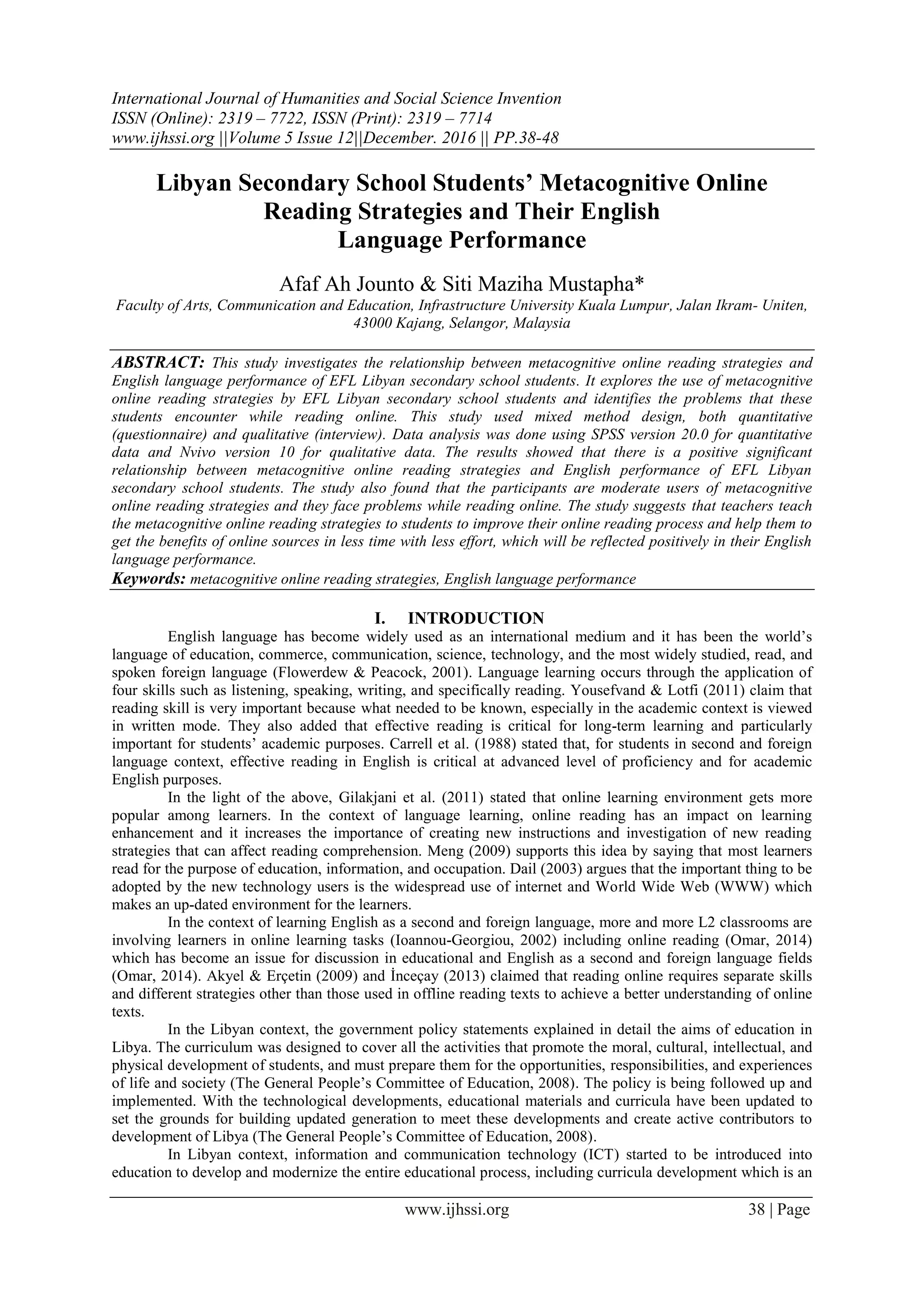 Libyan Secondary School Students’ Metacognitive Online Reading ...