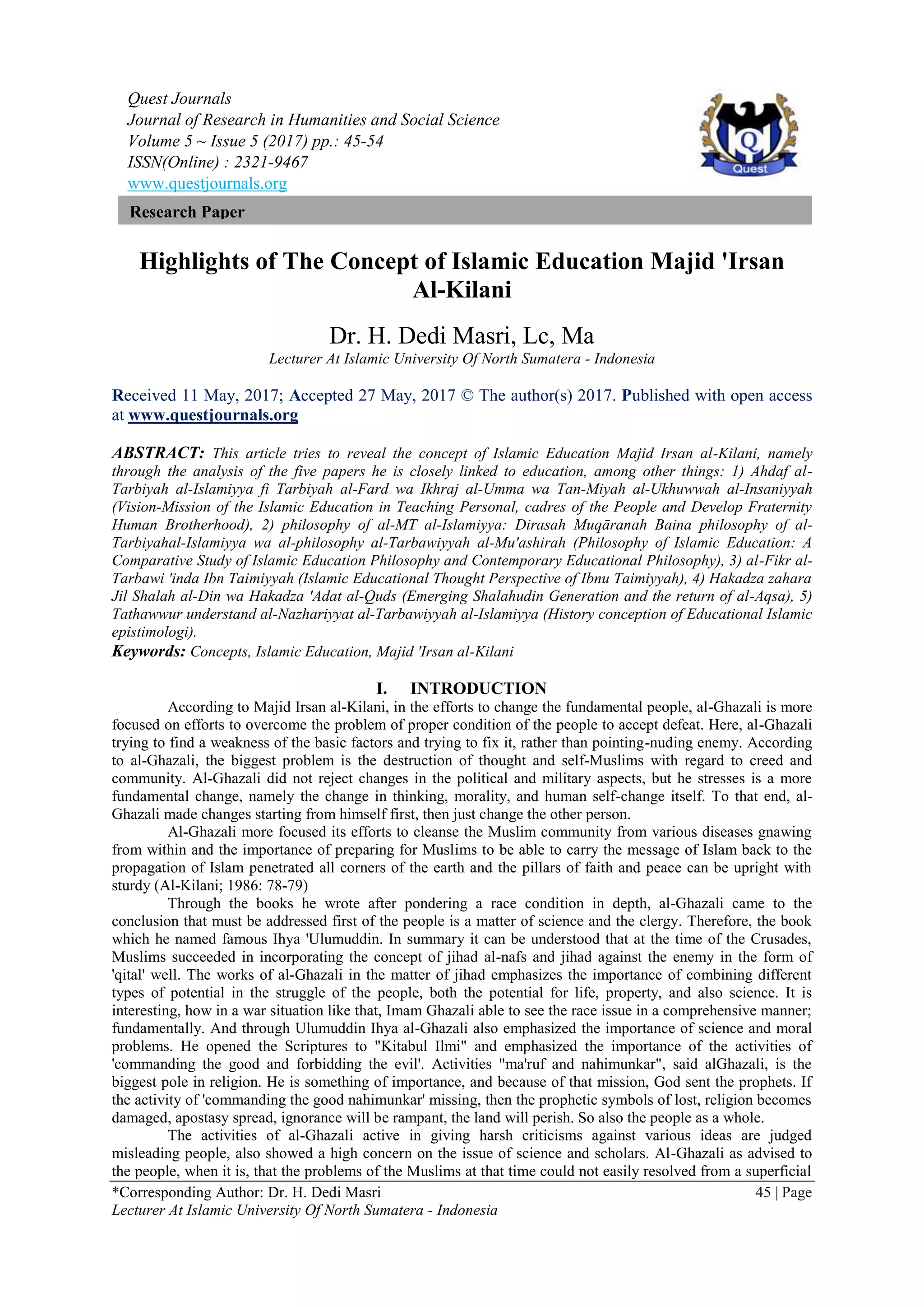 Highlights of The Concept of Islamic Education Majid 'Irsan Al-Kilani | PDF
