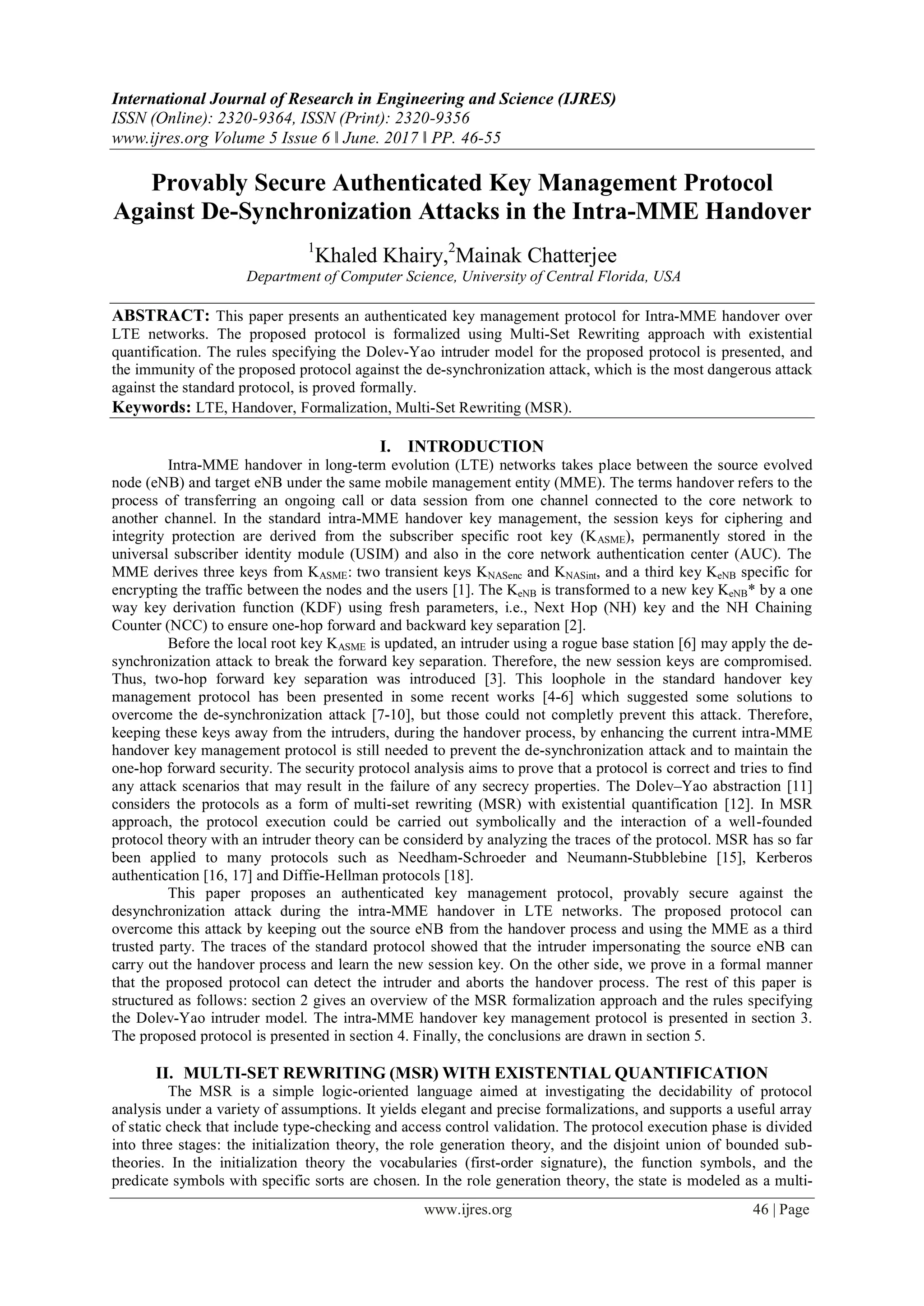 Provably Secure Authenticated Key Management Protocol Against De Synchronization Attacks In The