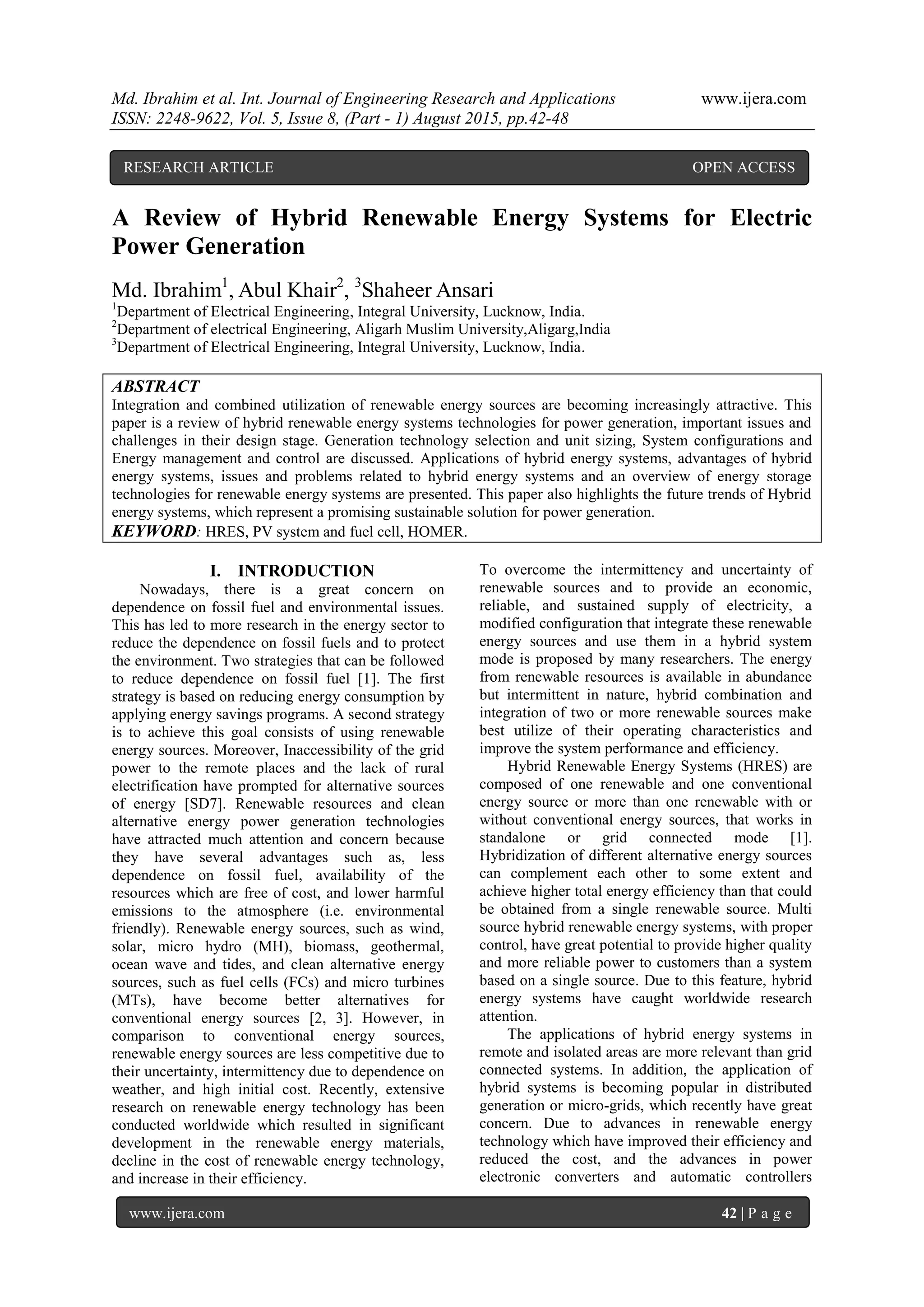 A Review of Hybrid Renewable Energy Systems for Electric Power ...