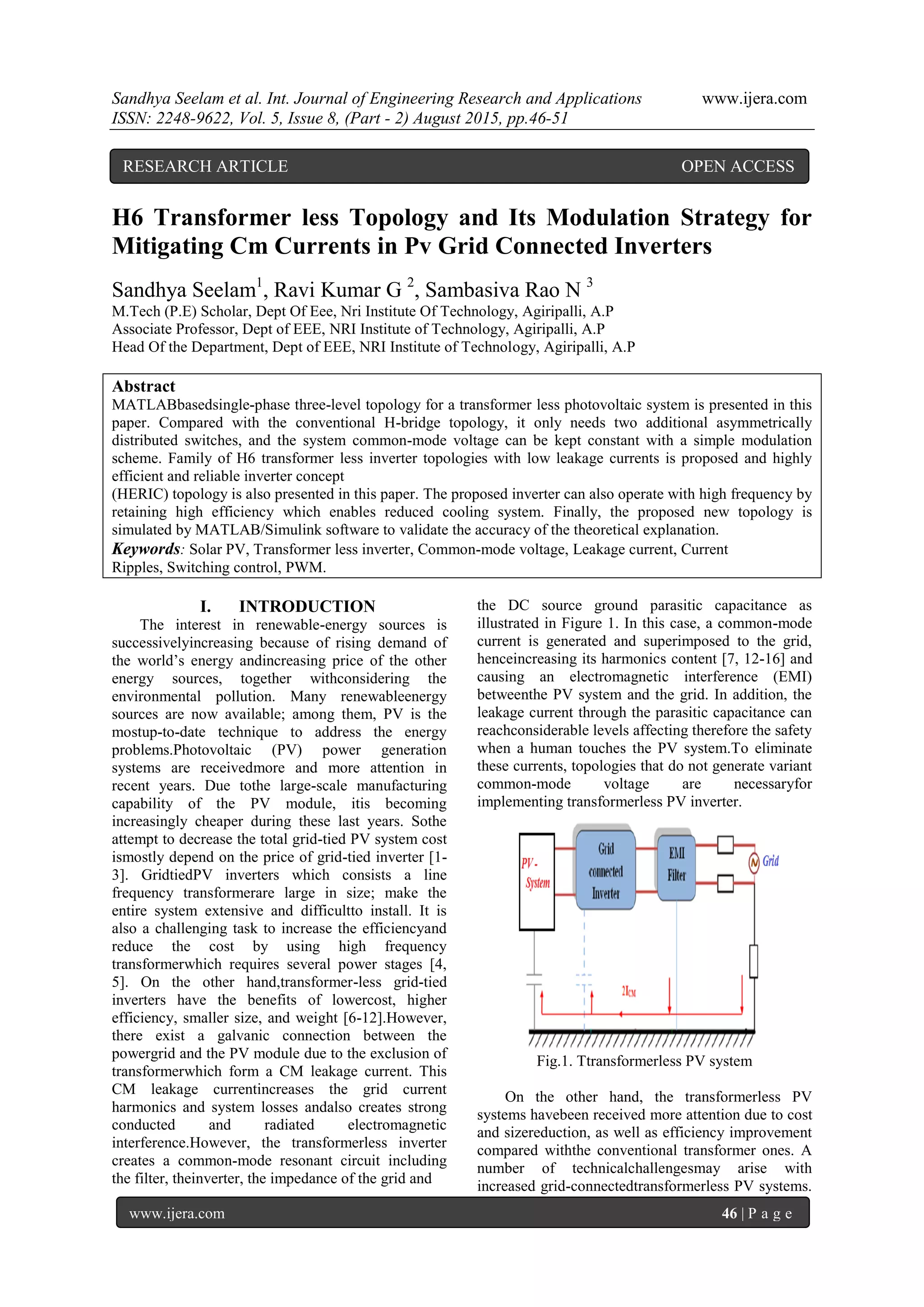 H6 Transformer less Topology and Its Modulation Strategy for Mitigating Cm Currents in Pv Grid ...