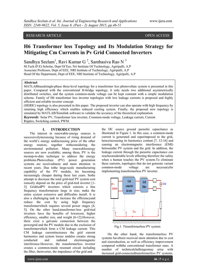 H6 Transformer less Topology and Its Modulation Strategy for Mitigating Cm Currents in Pv Grid ...