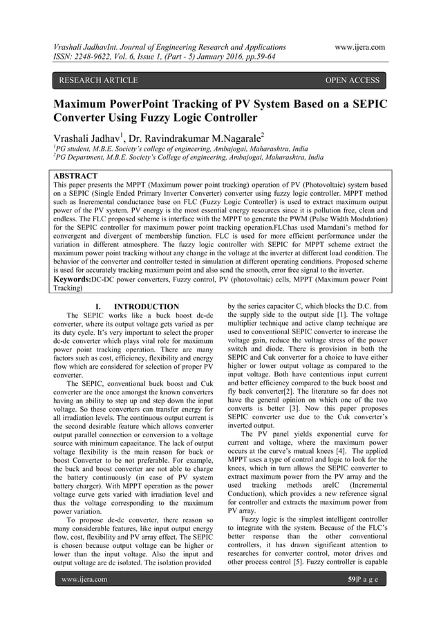 Maximum Powerpoint Tracking Of Pv System Based On A Sepic Converter