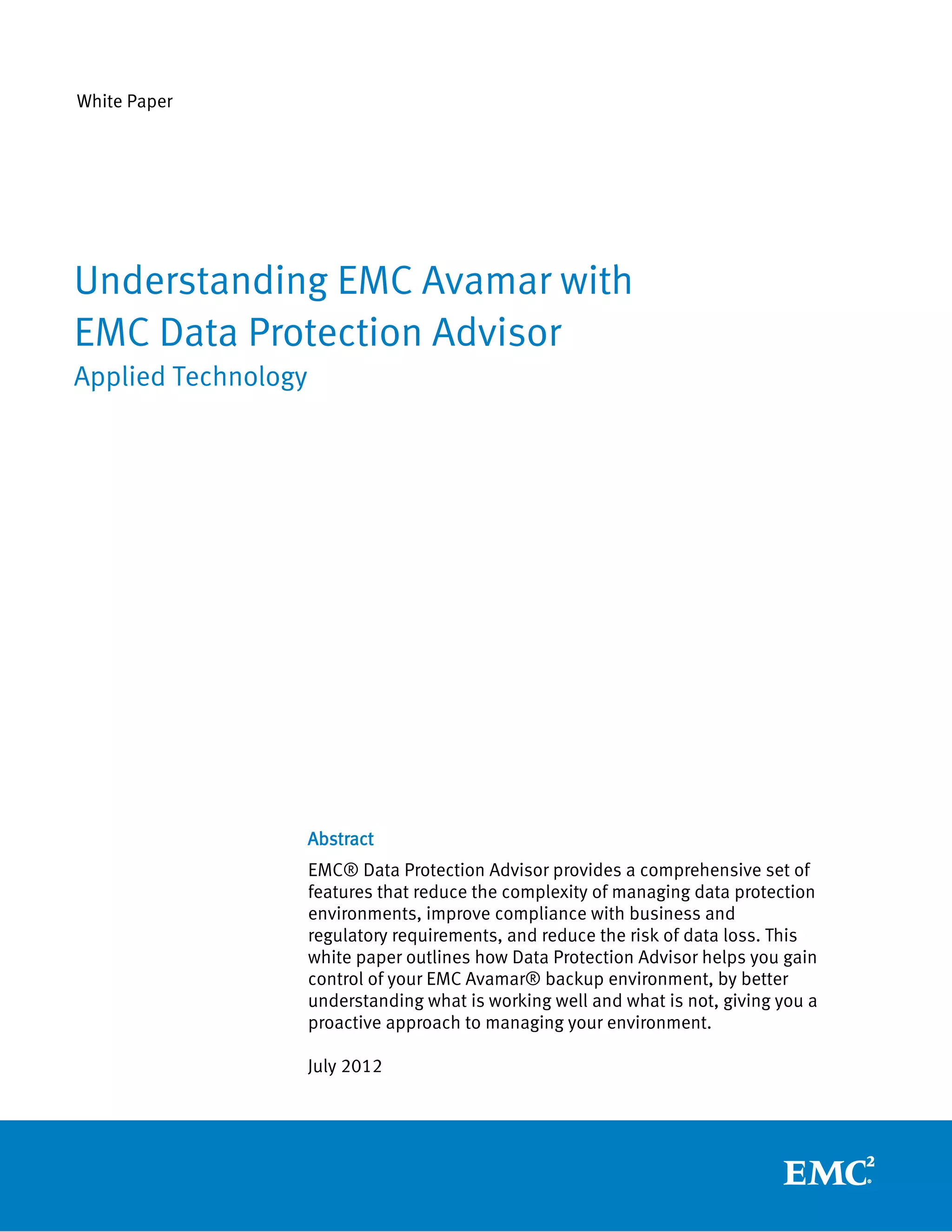 White Paper: Understanding EMC Avamar with EMC Data Protection Advisor — Applied Technology | PDF