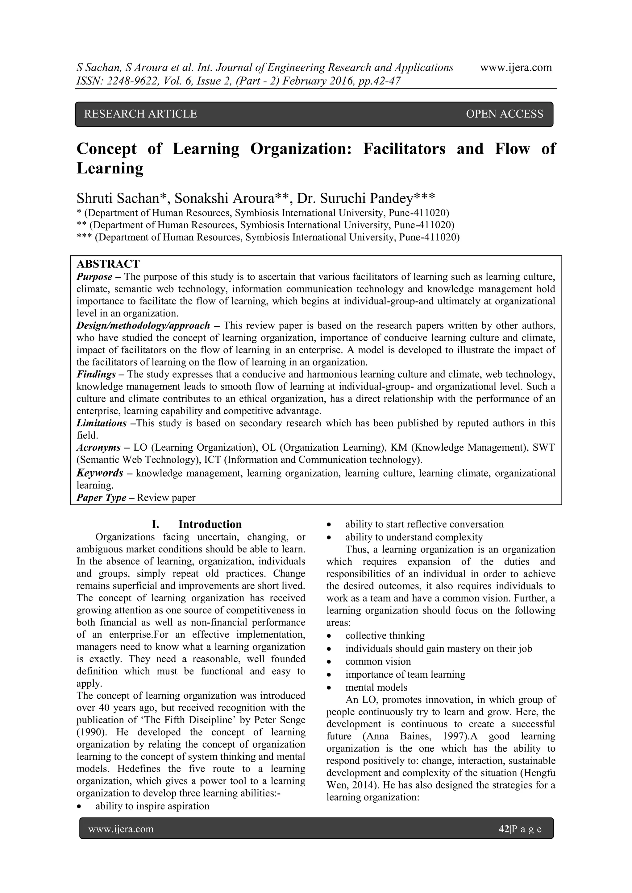 Concept of Learning Organization: Facilitators and Flow of Learning | PDF