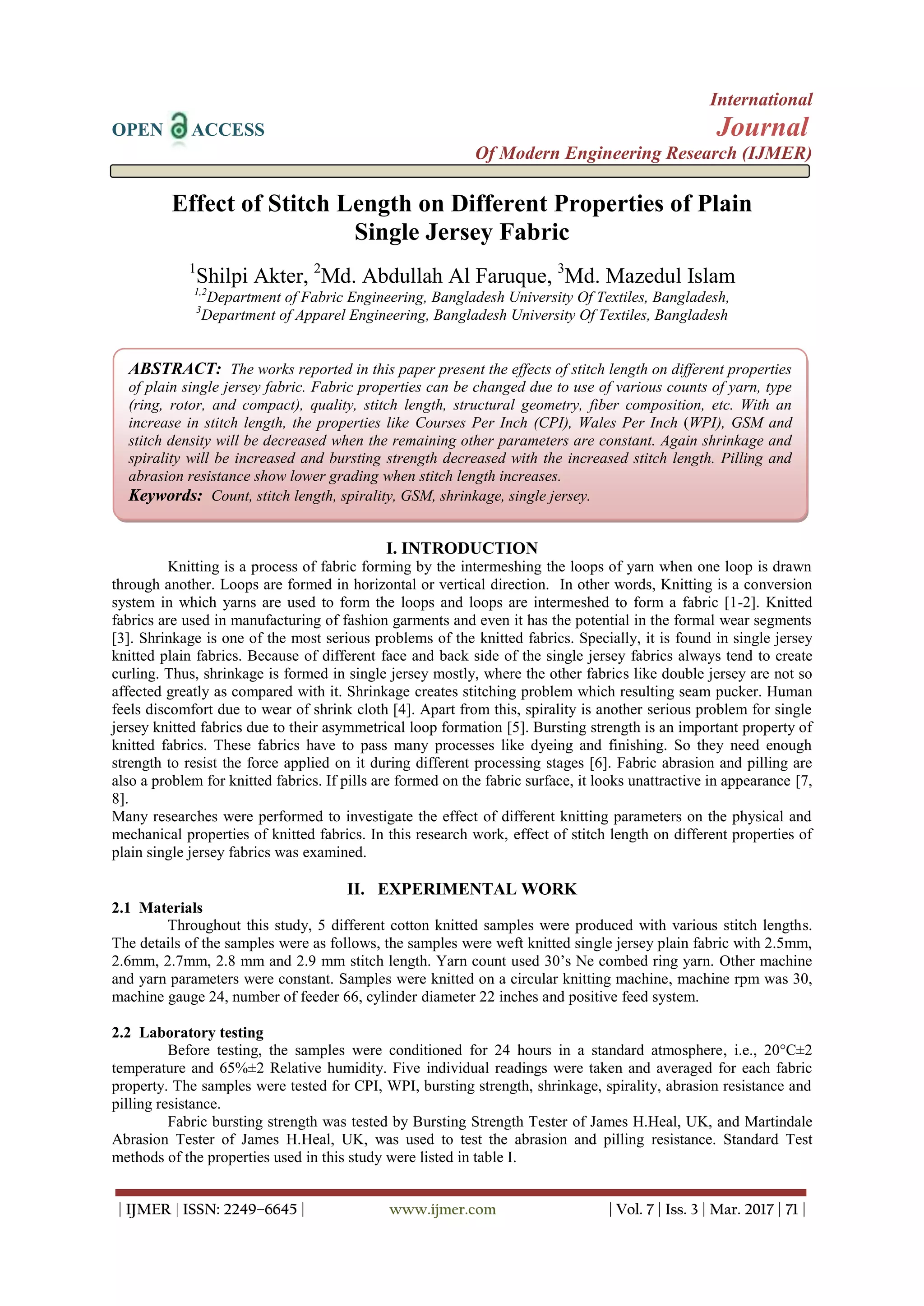 Effect of Stitch Length on Different Properties of Plain Single Jersey ...