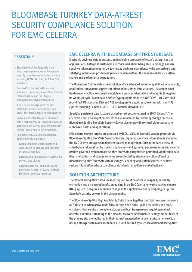 Bloombase Turnkey Data At-Rest Security Compliance Solution for EMC Celerra | PDF