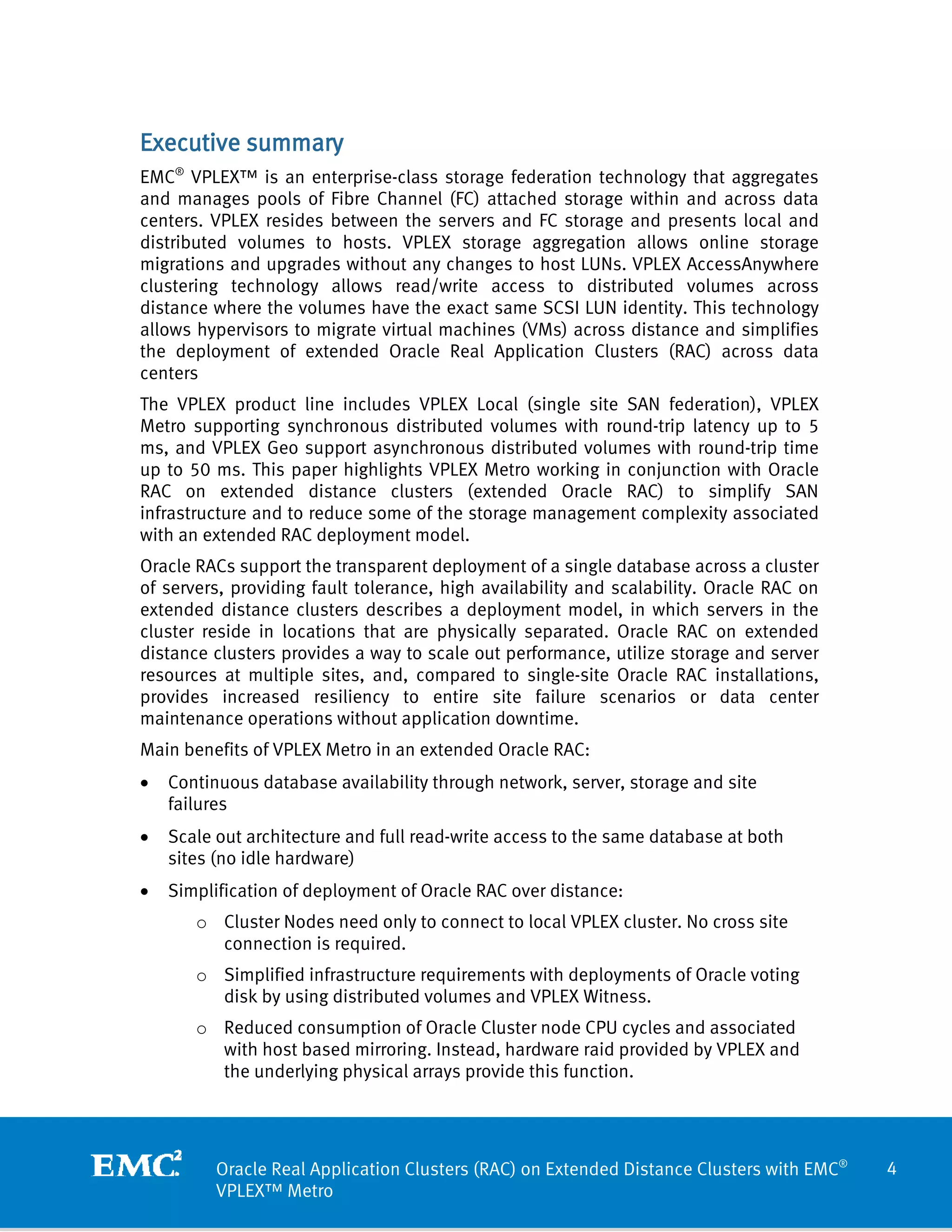 Whitepaper : Oracle Real Application Clusters (RAC) on Extended Distance Clusters with EMC VPLEX ...