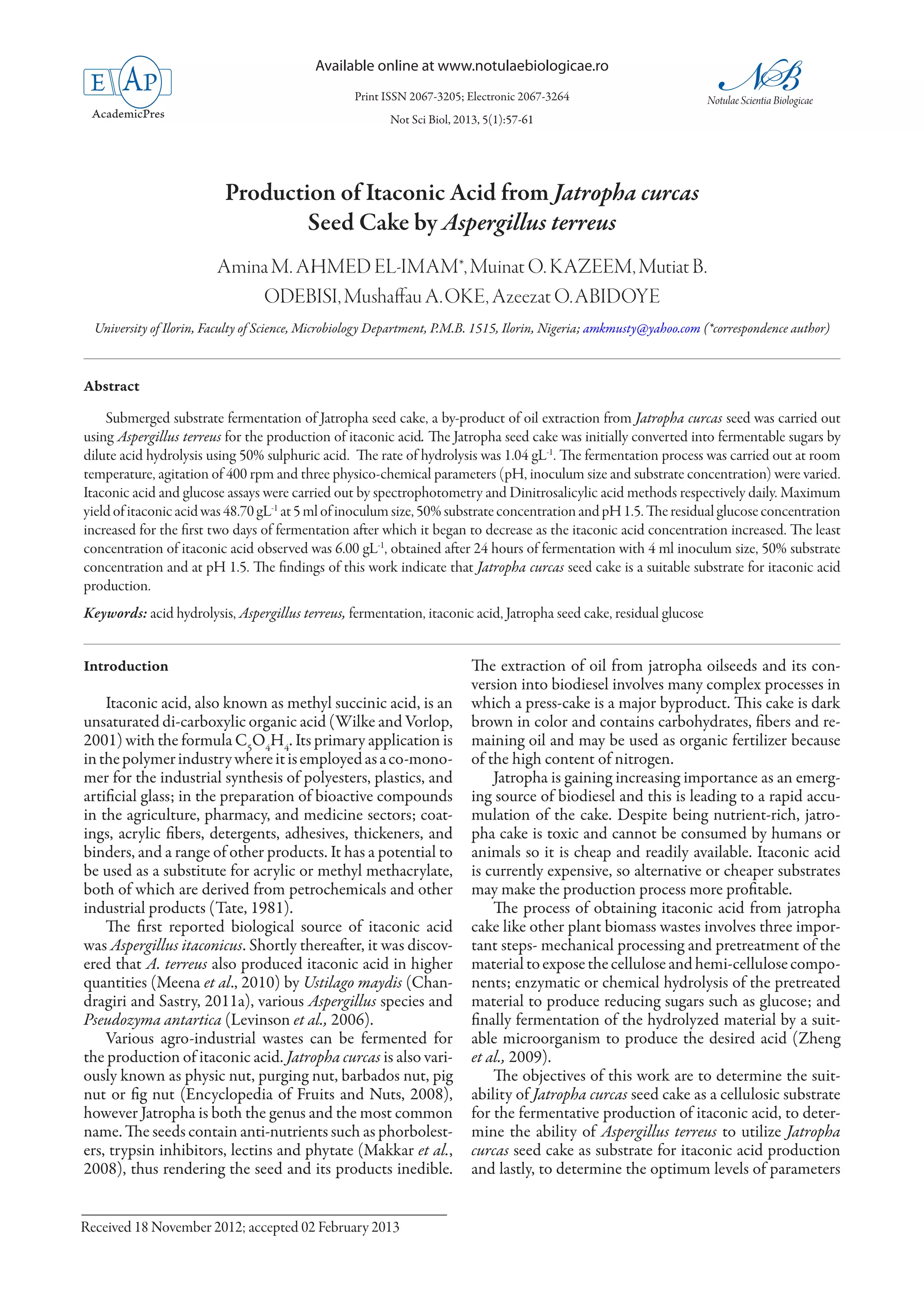 Production of itaconic acid from jatropha curcas seed cake by aspergillus terreus | PDF