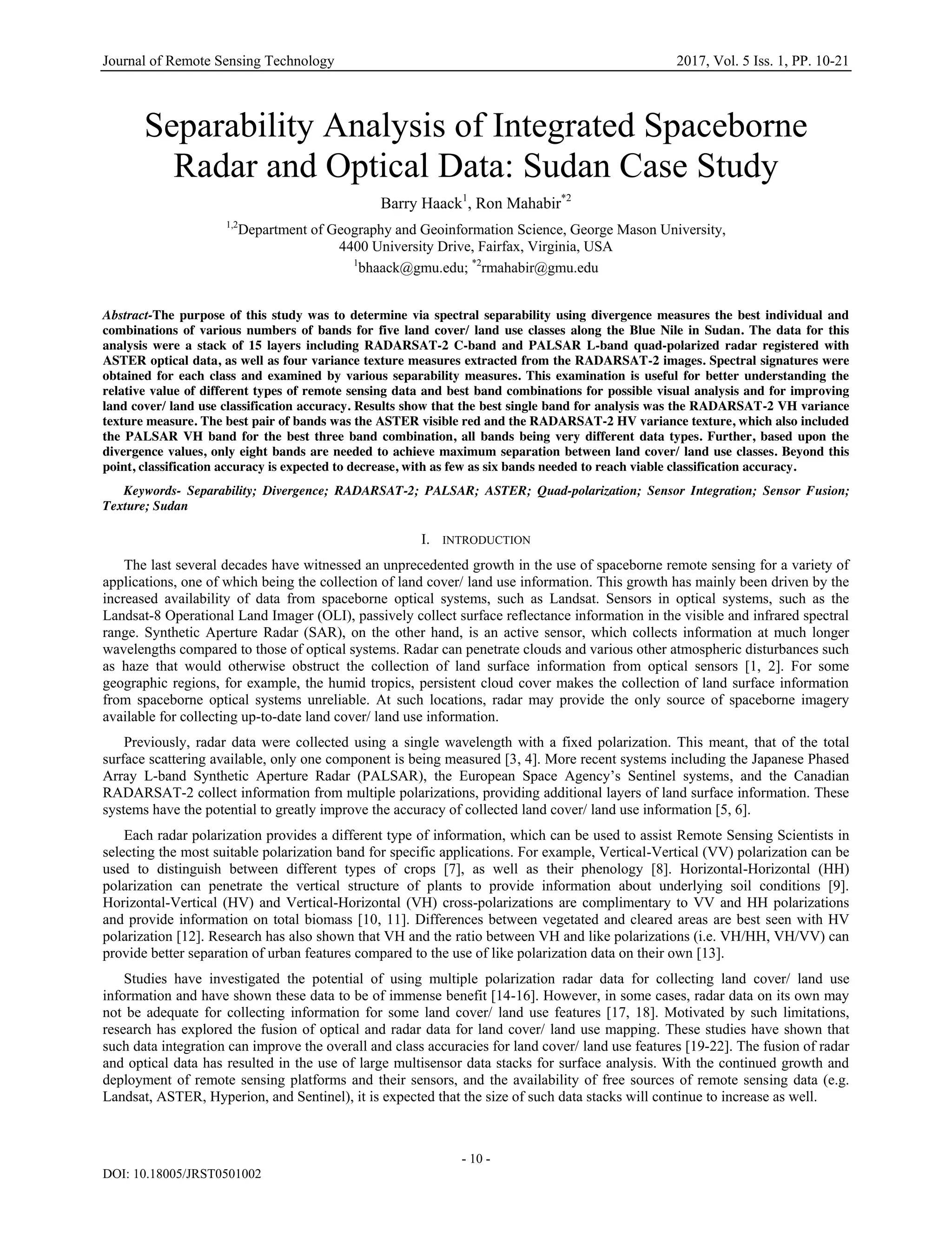 Separability Analysis of Integrated Spaceborne Radar and Optical Data ...