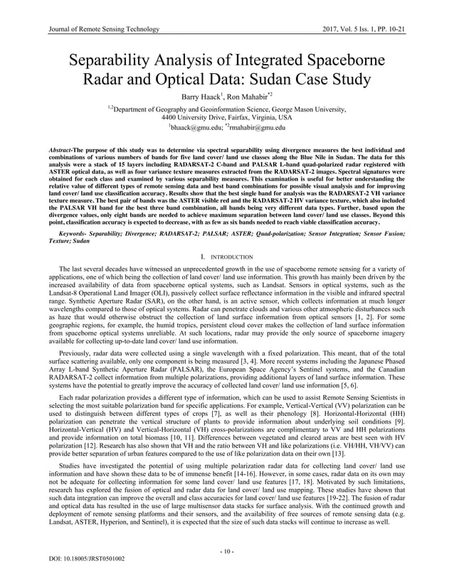 Separability Analysis of Integrated Spaceborne Radar and Optical Data: Sudan Case Study | PDF