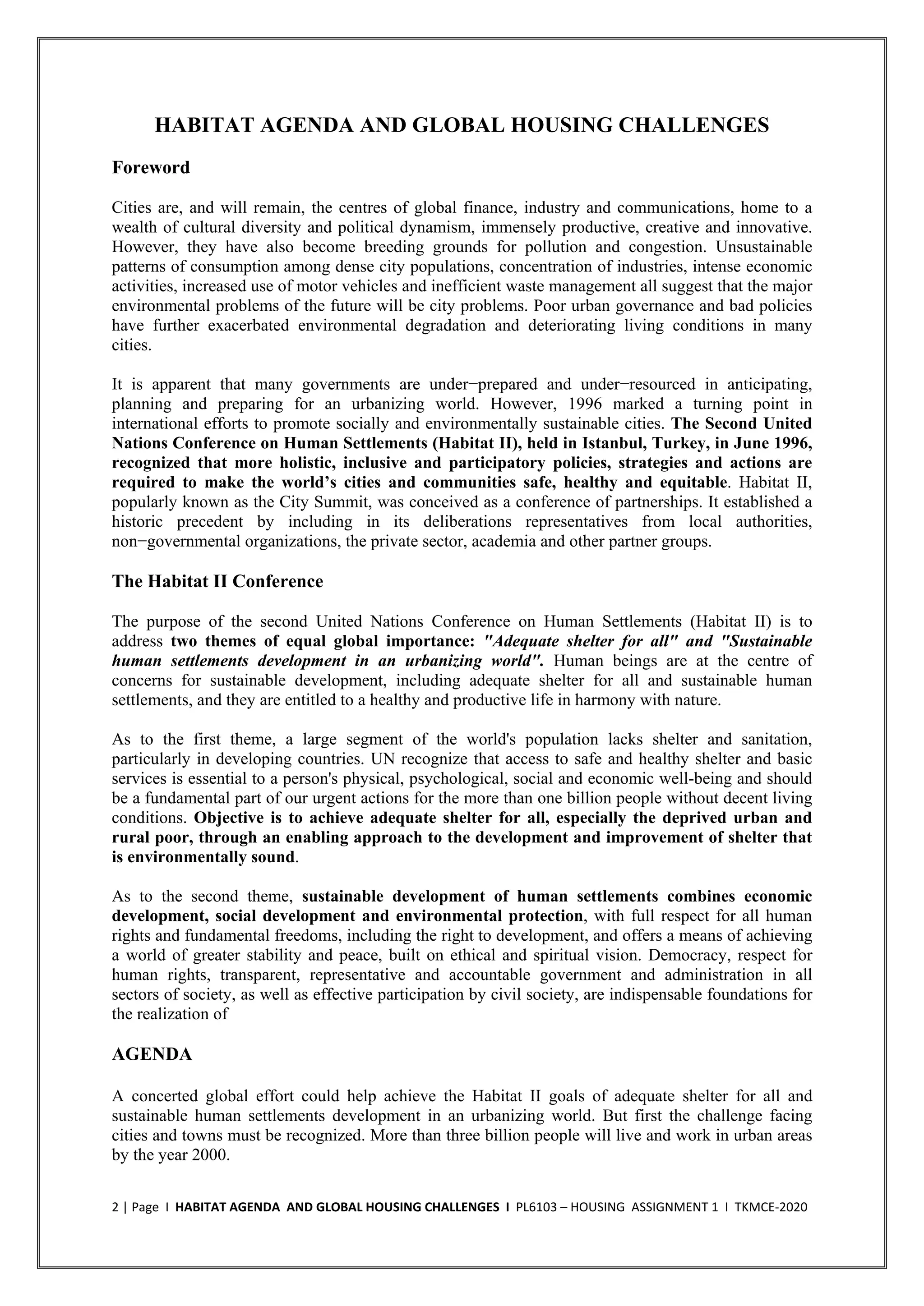 Habitat agenda and global housing challenges | PDF