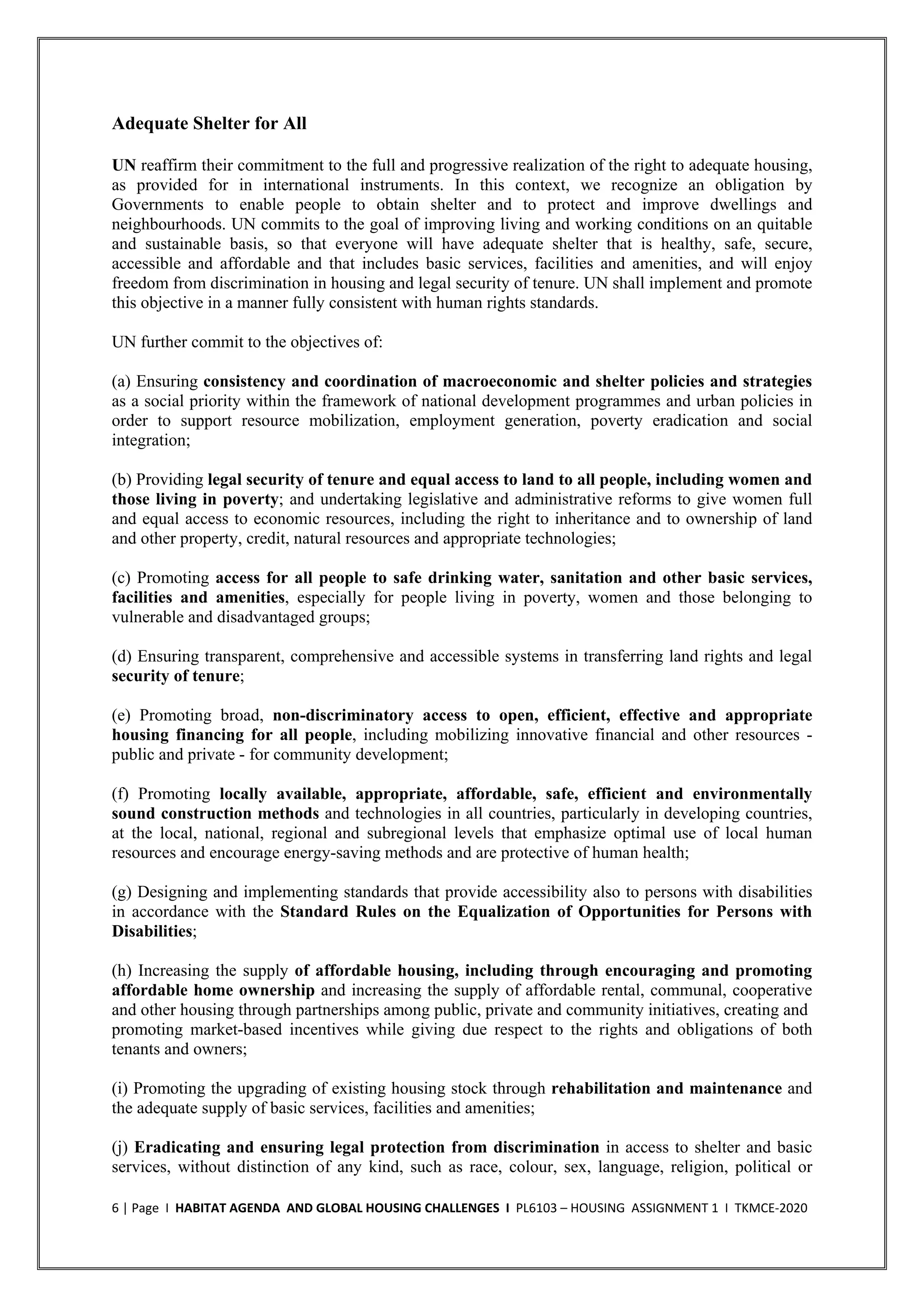 Habitat agenda and global housing challenges | PDF