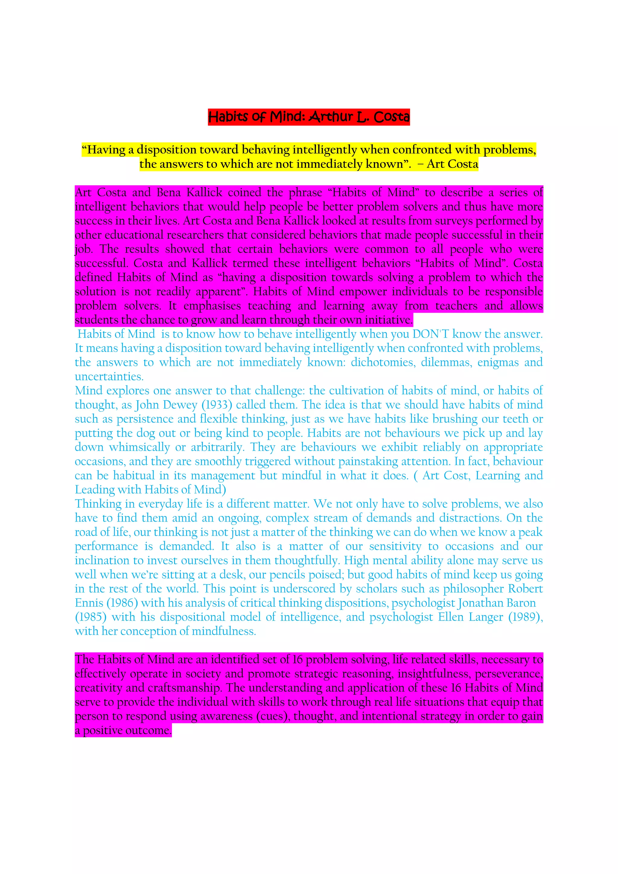 Habits of Mind Art de Costa | PDF
