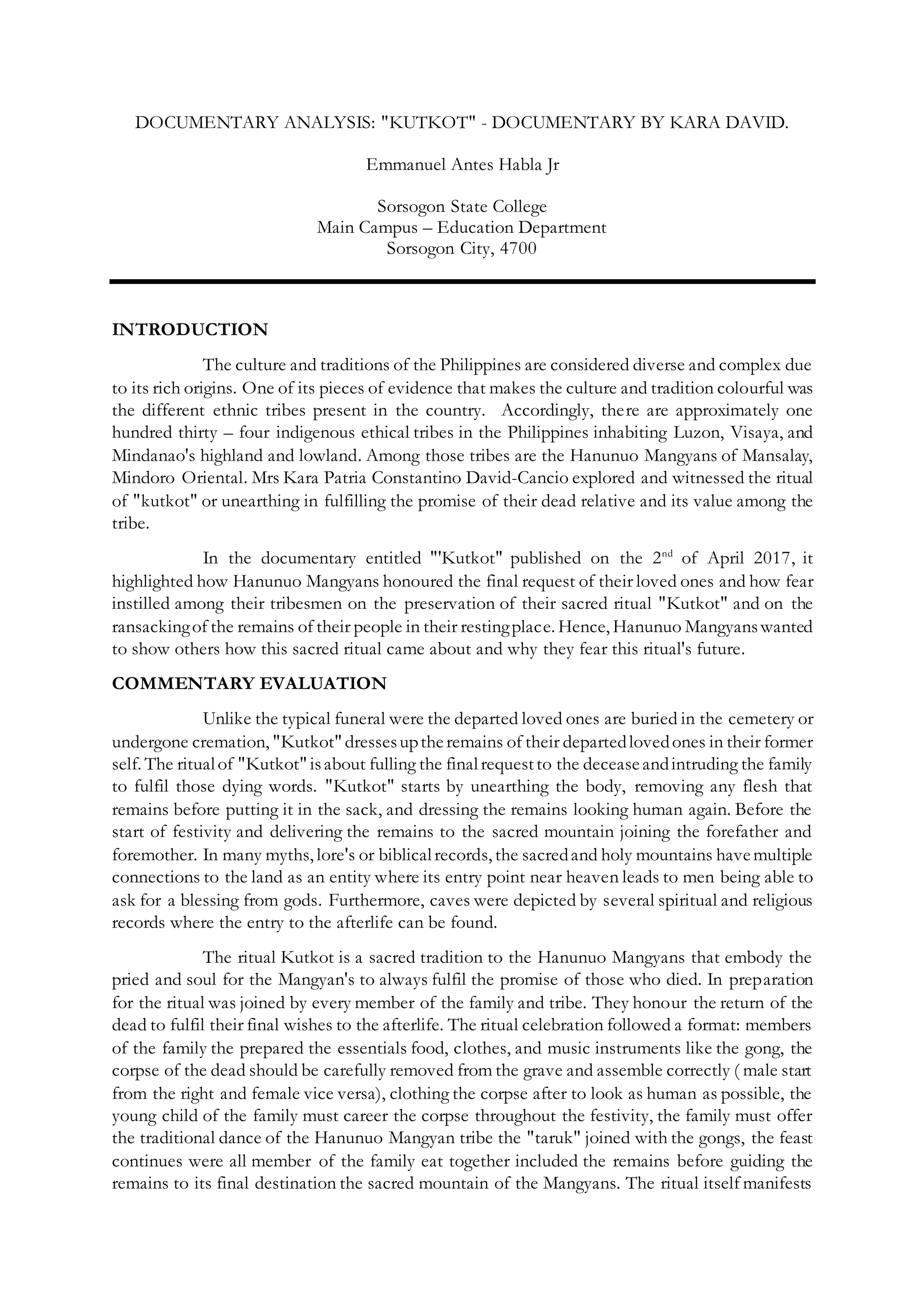 DOCUMENTARY ANALYSIS: "KUTKOT" - DOCUMENTARY BY KARA DAVID | DOCX