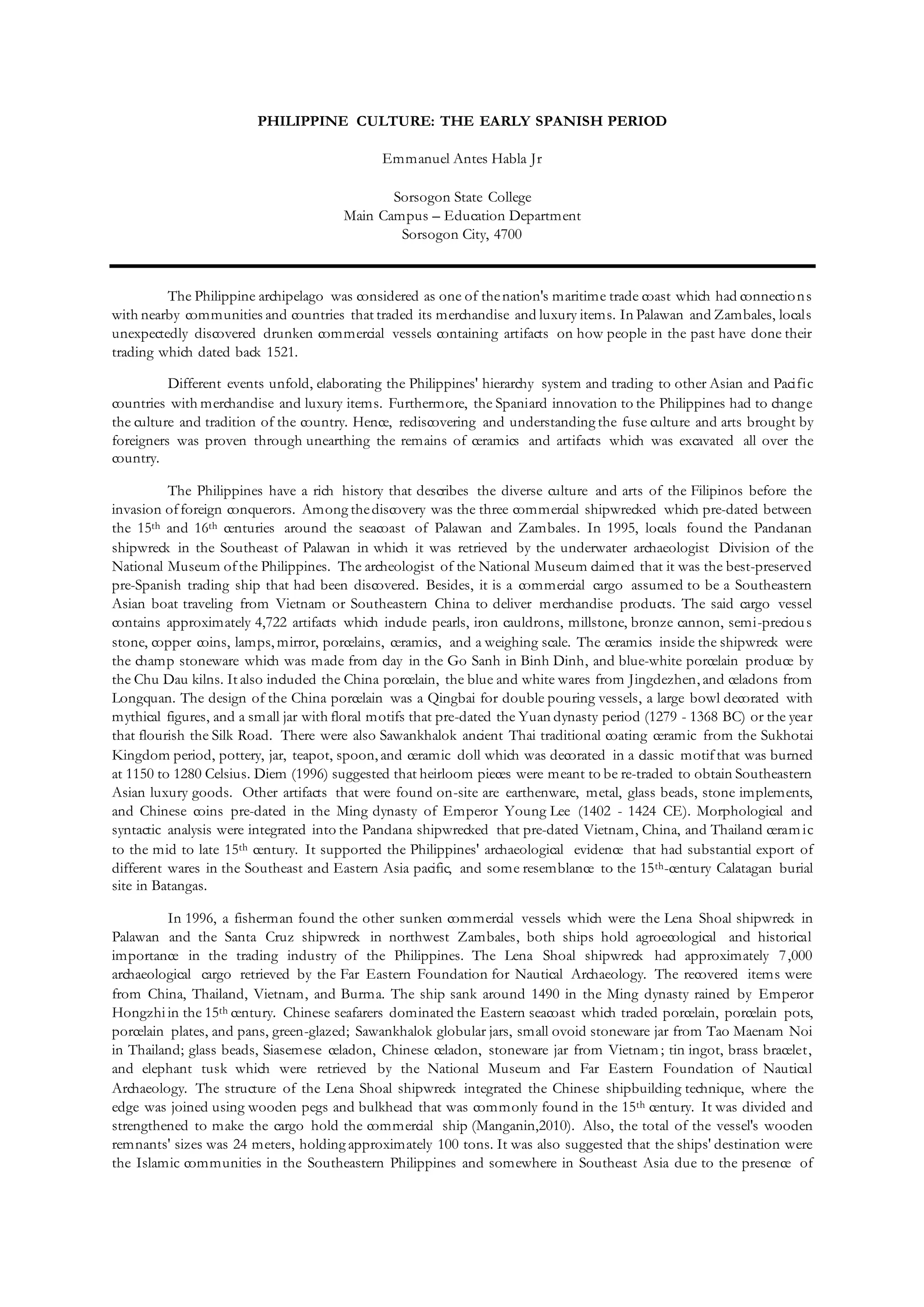 PHILIPPINE CULTURE: THE EARLY SPANISH PERIOD | DOCX | Asia Travel ...