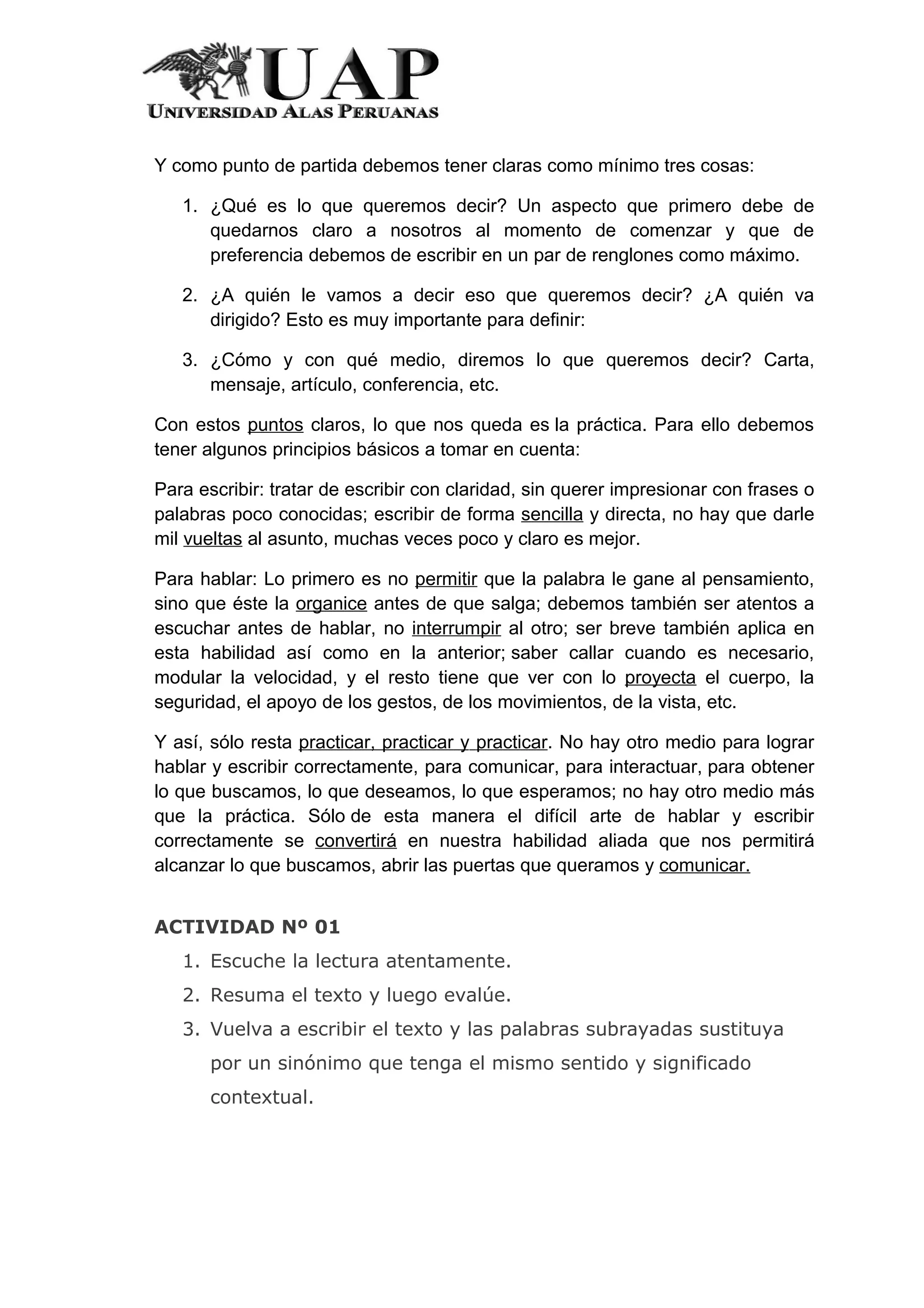 Hablar y escribir bien sem 01 | DOC