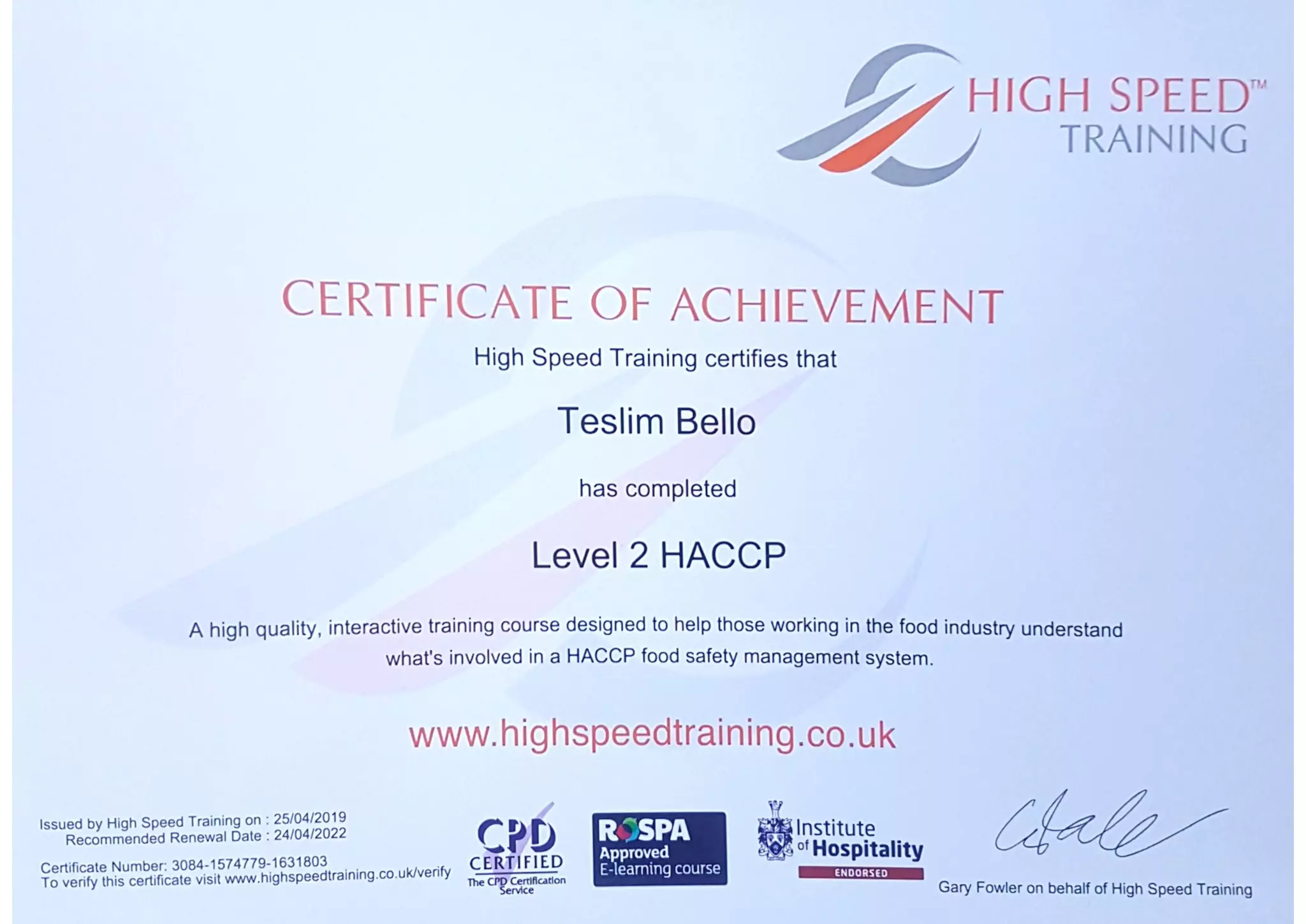 HACCP Level 2 training certificate | PDF
