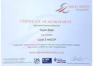 HACCP Level 2 training certificate | PDF