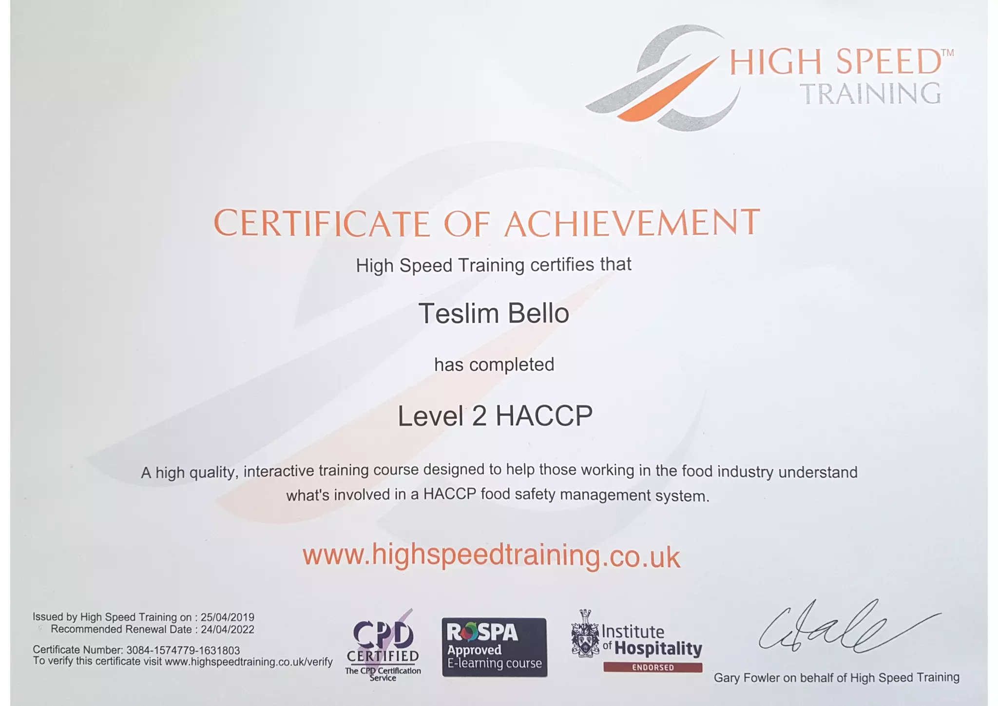 HACCP Level 2 training certificate | PPT