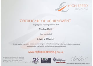 HACCP Level 2 training certificate | PPT