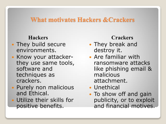 Ethical Hacking - Hackers and crackers | PPTX