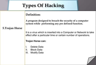 Hacking,History Of Hacking,Types of Hacking,Types Of Hackers,Cyber Laws for Hacking | PPTX