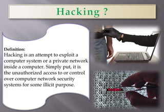 Hacking,History Of Hacking,Types of Hacking,Types Of Hackers,Cyber Laws for Hacking | PPTX
