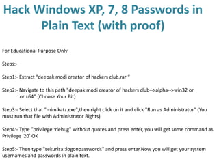 Hack windows xp, 7, 8 passwords in plain text (with proof) | PPT