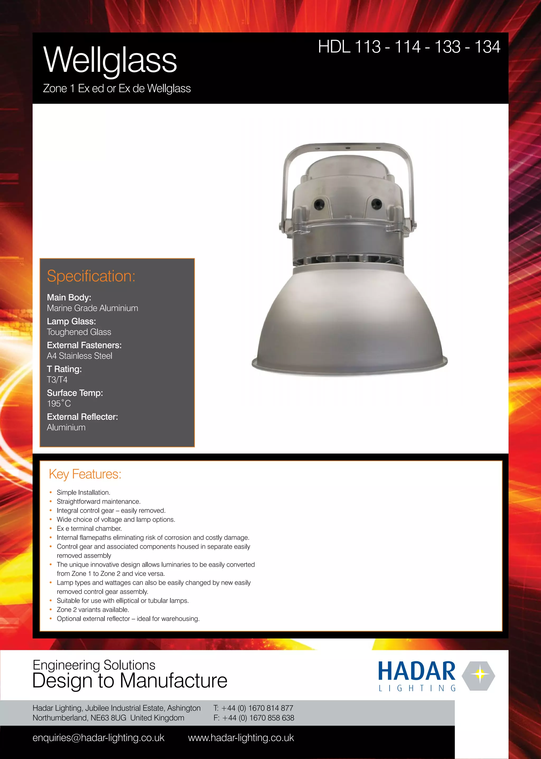 Hadar HDL133 Zone 1 ATEX Wellglass (55W - 85W) Hazardous Area Lighting ...