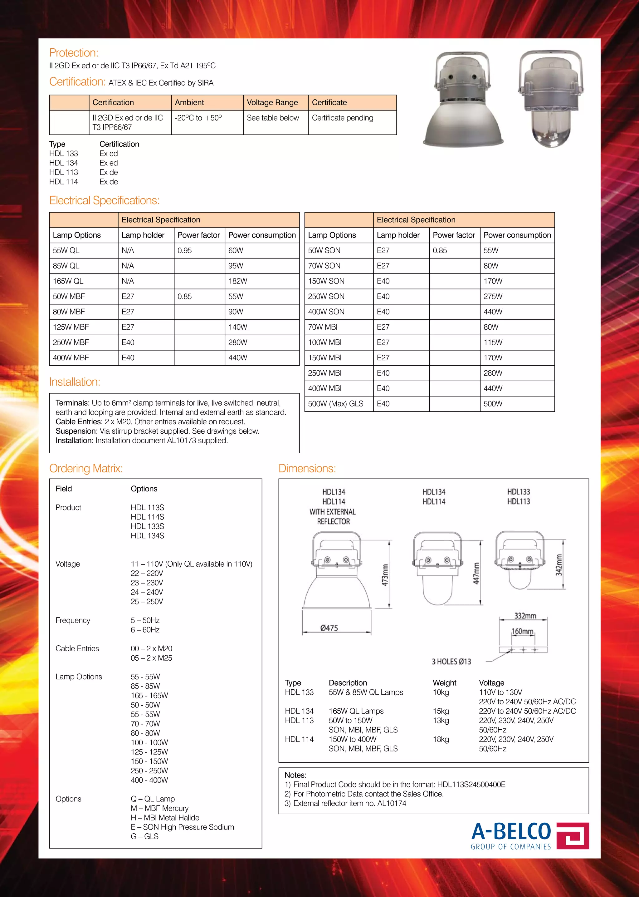 Hadar HDL133 Zone 1 ATEX Wellglass (55W - 85W) Hazardous Area Lighting ...