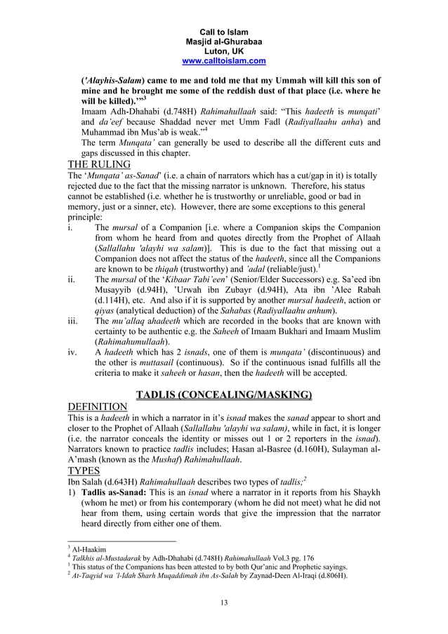 Mustalah al-Hadeeth (Classification of Hadeeth) | PDF