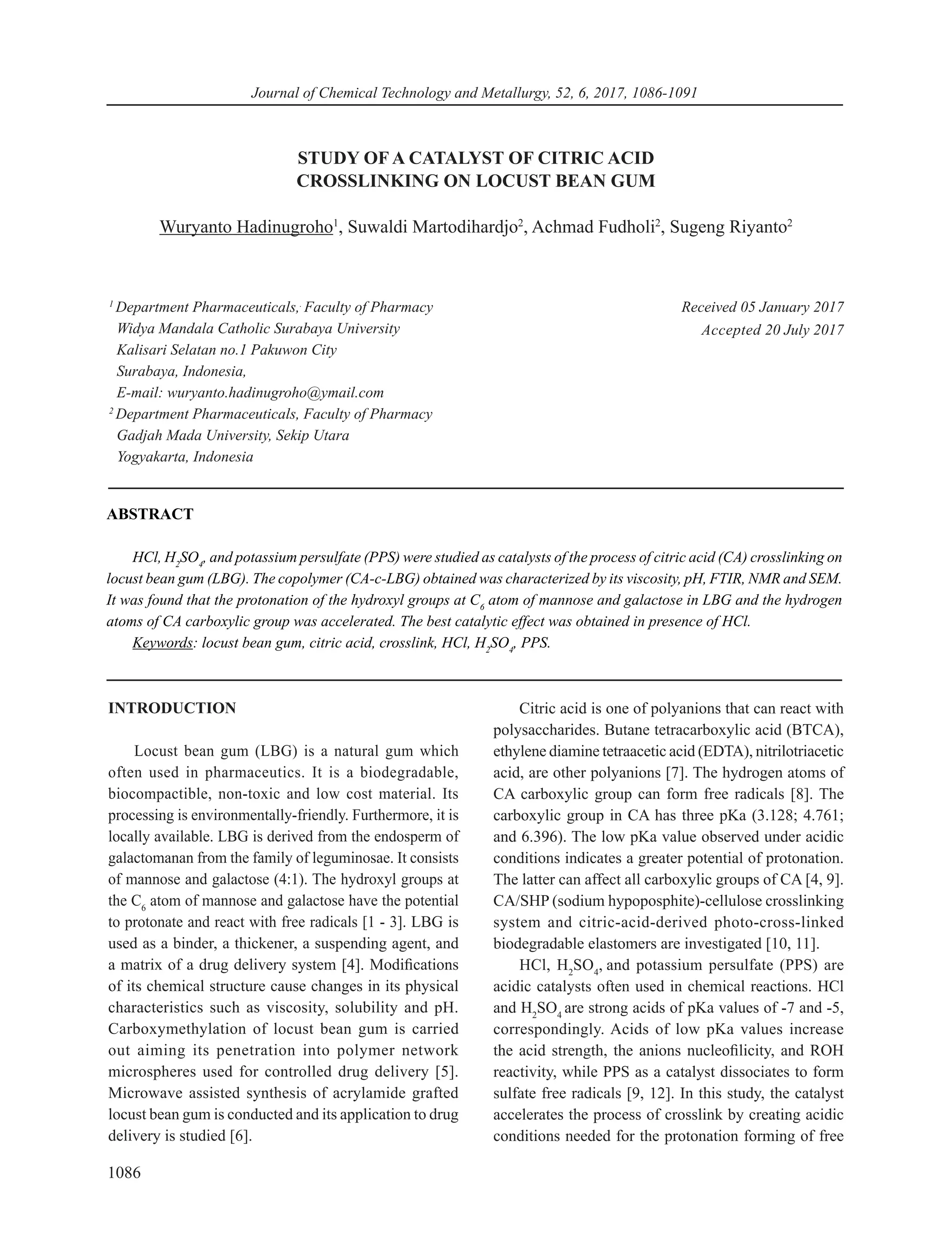 STUDY OF A CATALYST OF CITRIC ACID CROSSLINKING ON LOCUST BEAN GUM | PDF