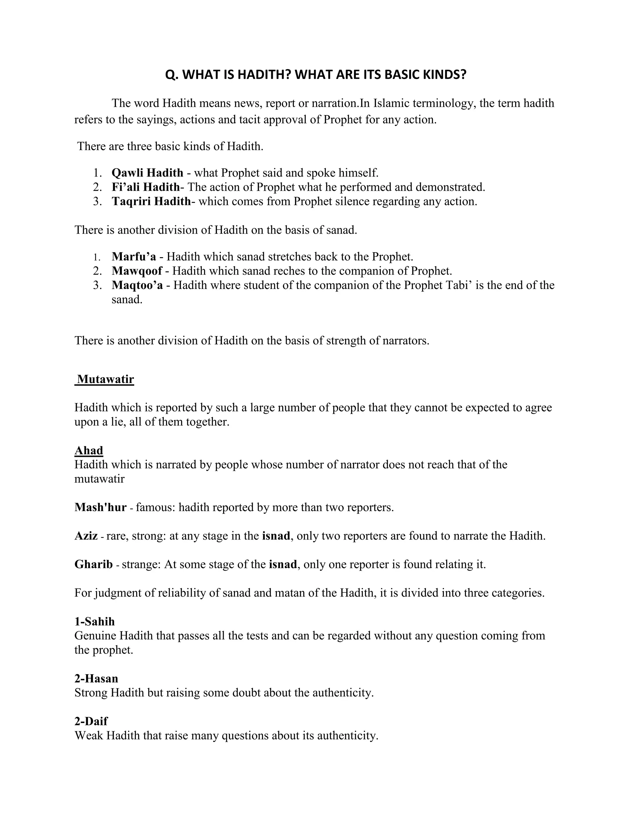 Hadith ranking - Type of Hadith in Islam | PDF