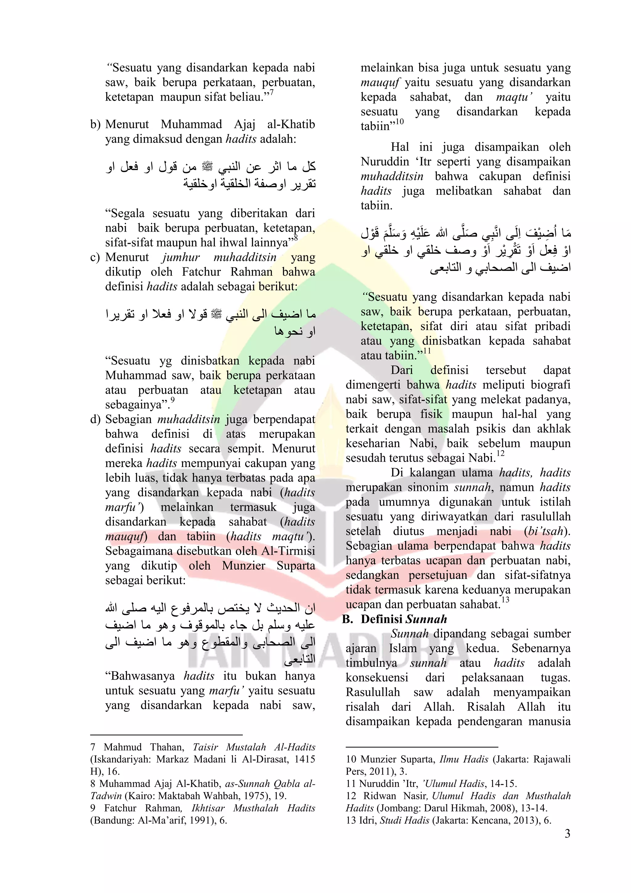 HADITS, SUNNAH, KHABAR DAN ATSAR SERTA KEDUDUKAN DAN FUNGSI HADITS | PDF