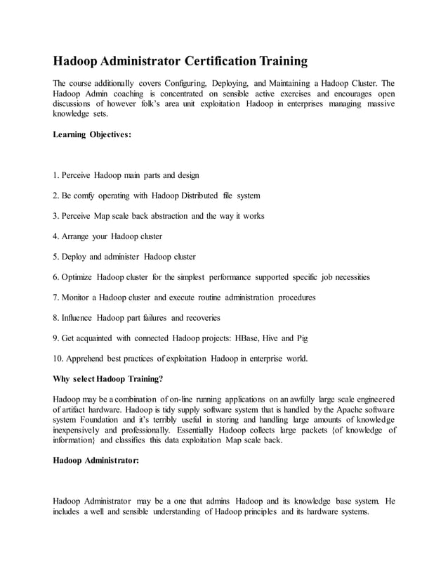 Hadoop administrator certification training | DOCX