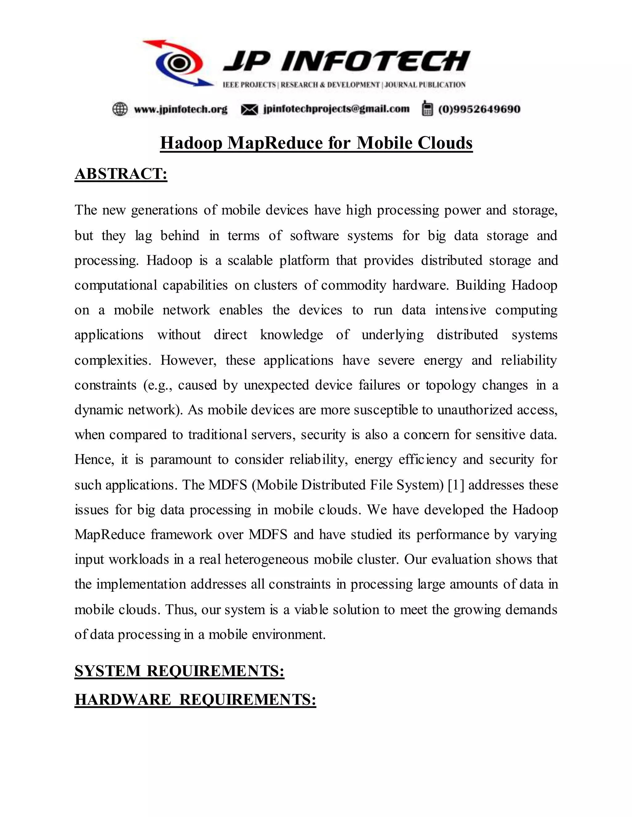 Hadoop Map Reduce For Mobile Clouds Pdf