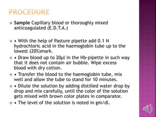 Haemoglobin estmation.pptx practical for lab technicians | PPT