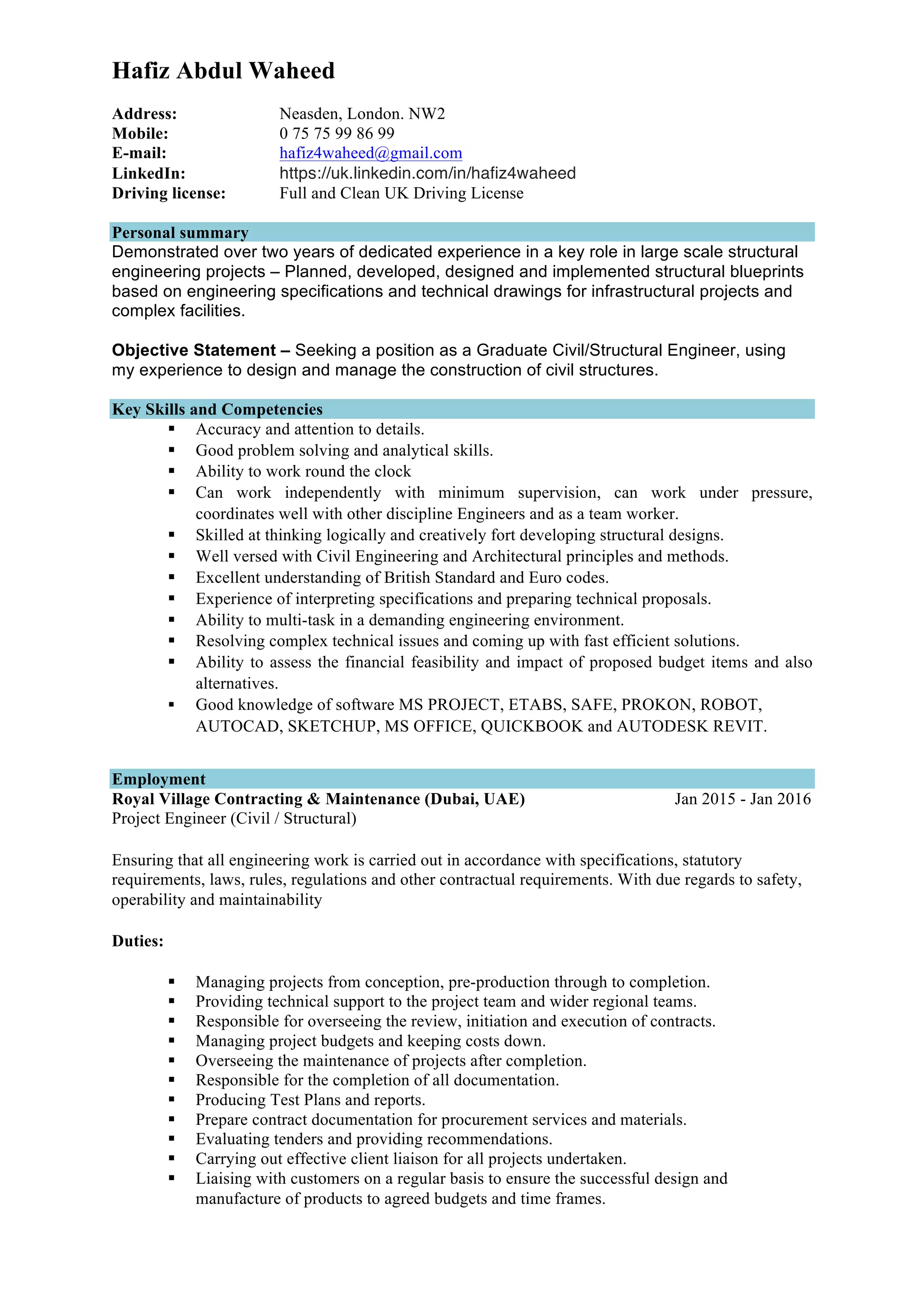 Hafiz A Waheed Structure Engineer CV | PDF