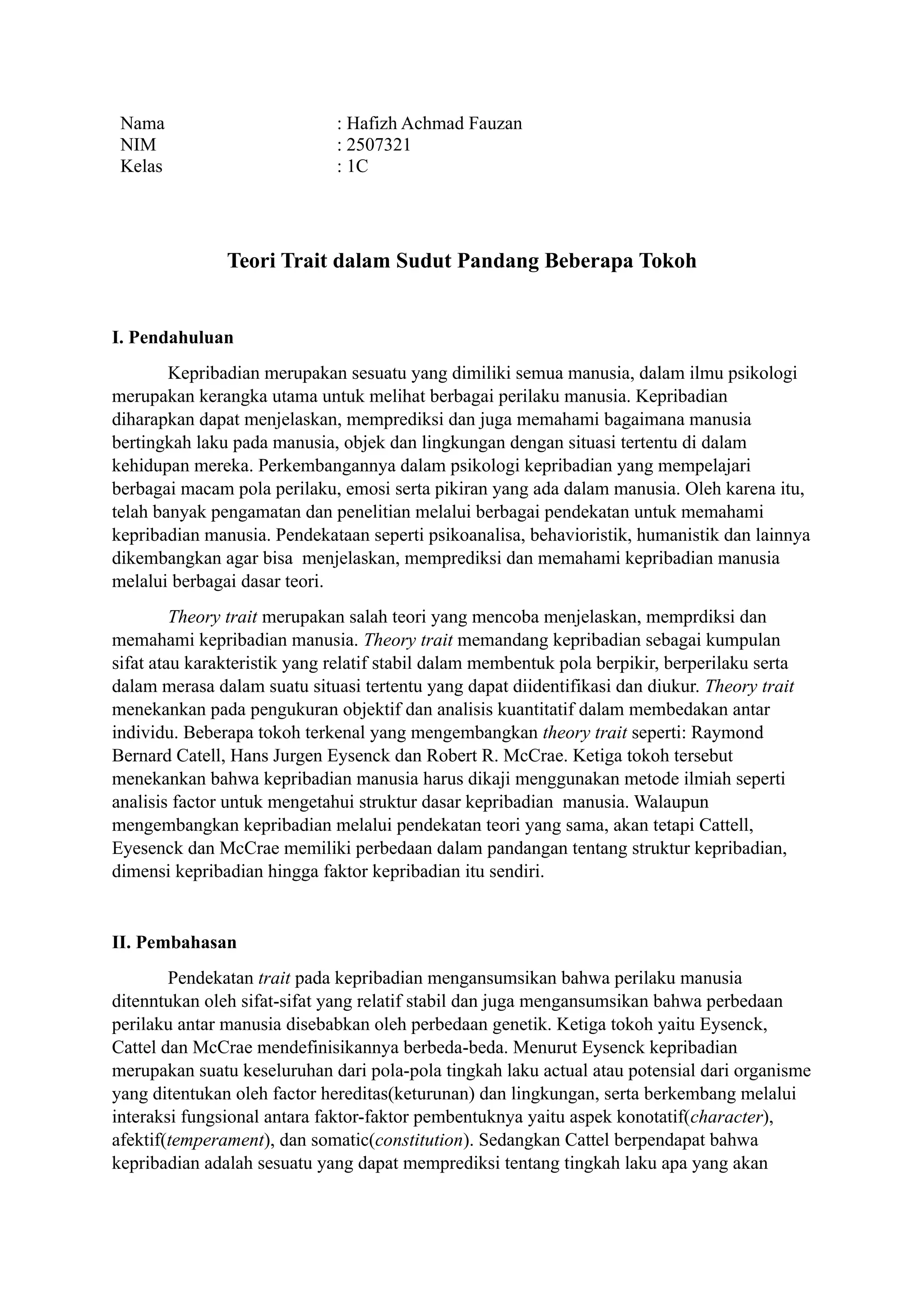 Perbedaan Teori Trait Eysenck,Cattell dan McCrae | DOCX