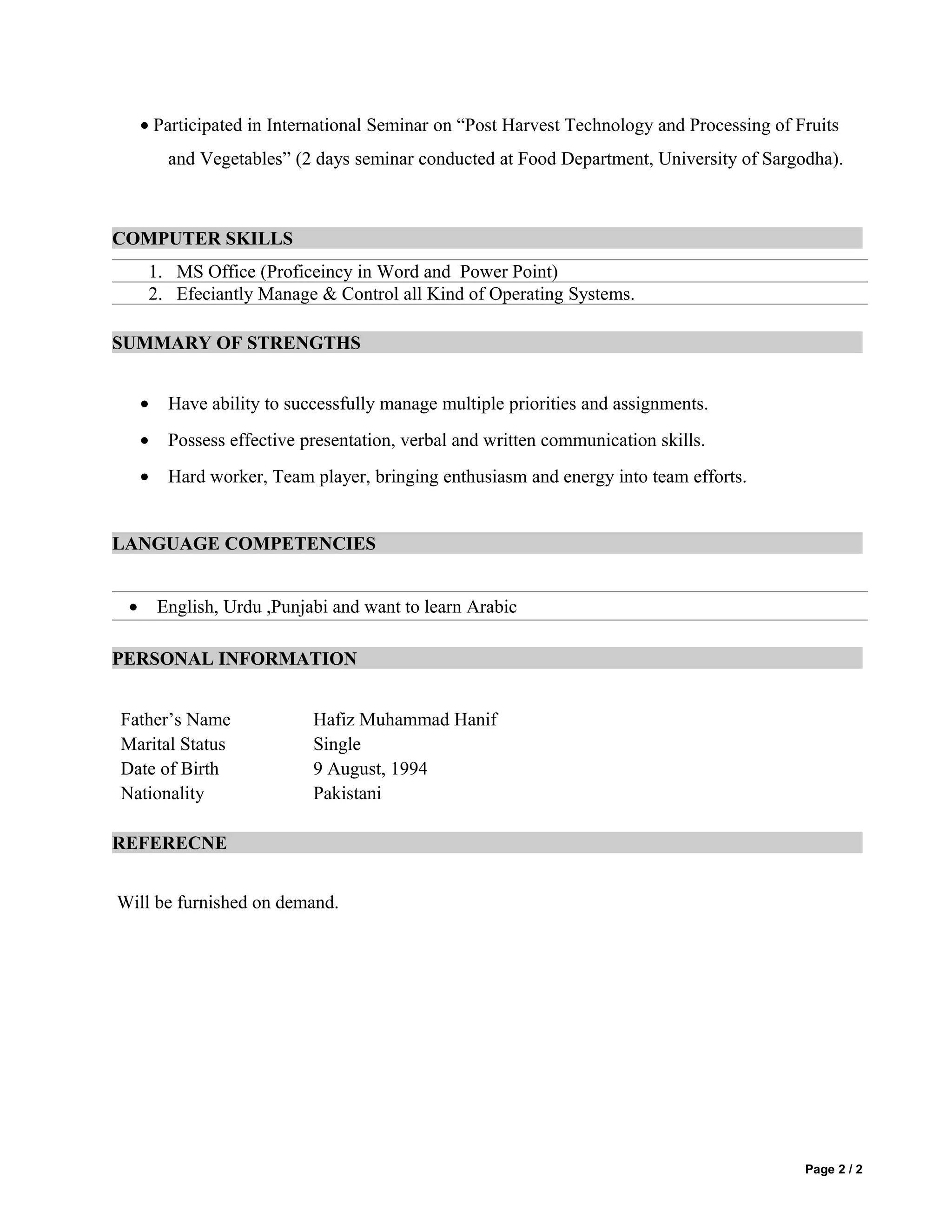 Hafiz muhammad noman hassan cv | DOC | Islam | Religion & Spirituality