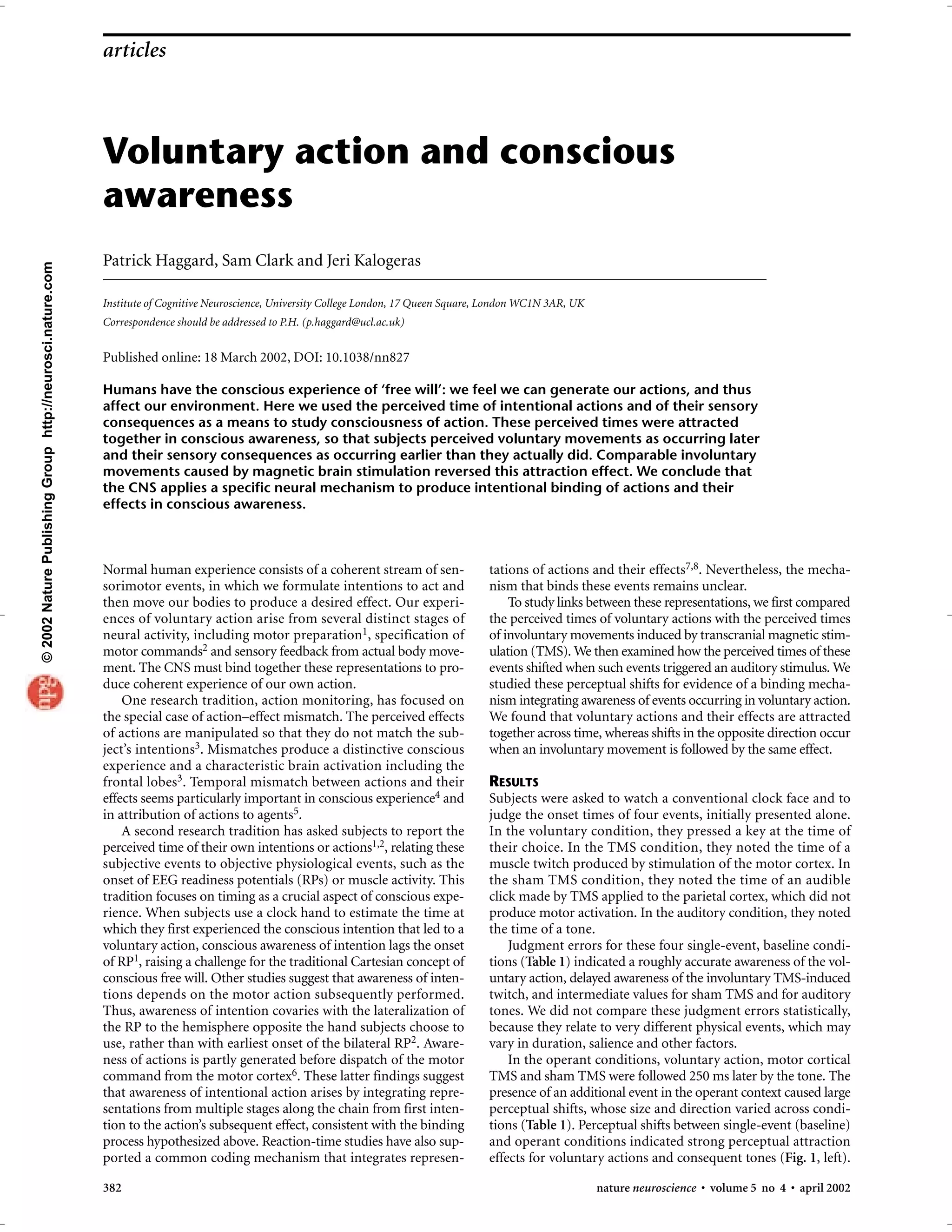 Haggard (2002) voluntary action and conscious awareness | PDF