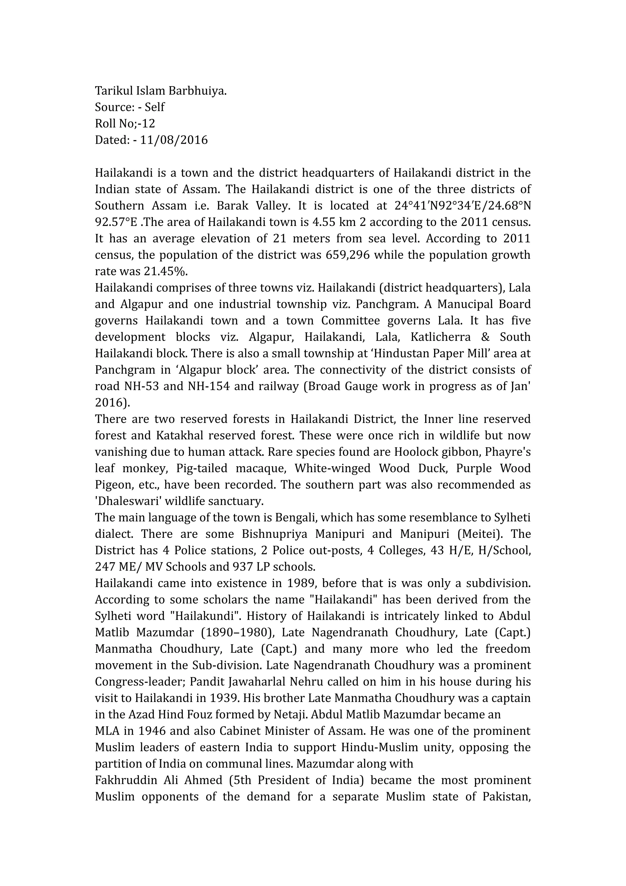 Profile of Hailakandi District | DOC