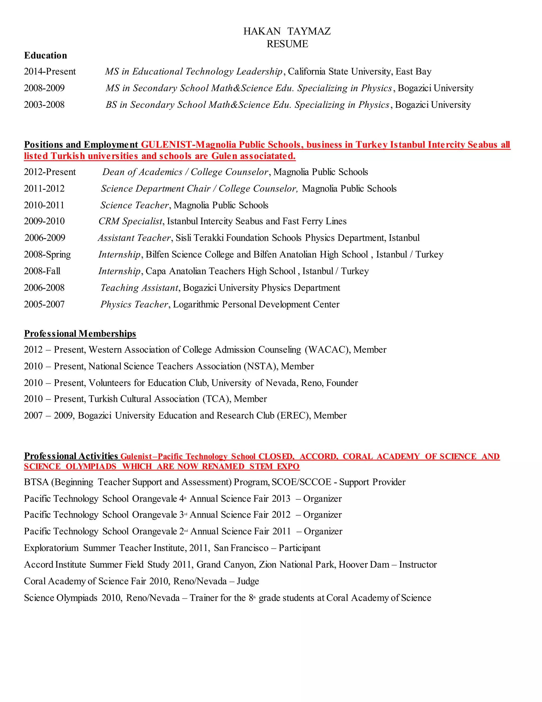 Gulenist Hakan Taymaz Resume and background | DOCX