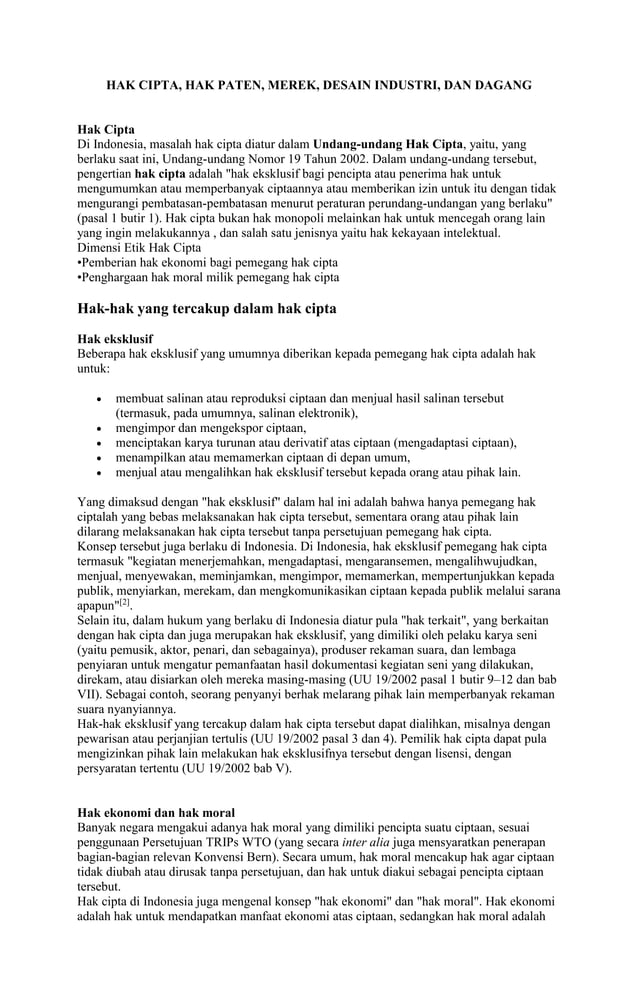 Hak cipta, hak paten, merek, desain industri, dan dagang | DOCX
