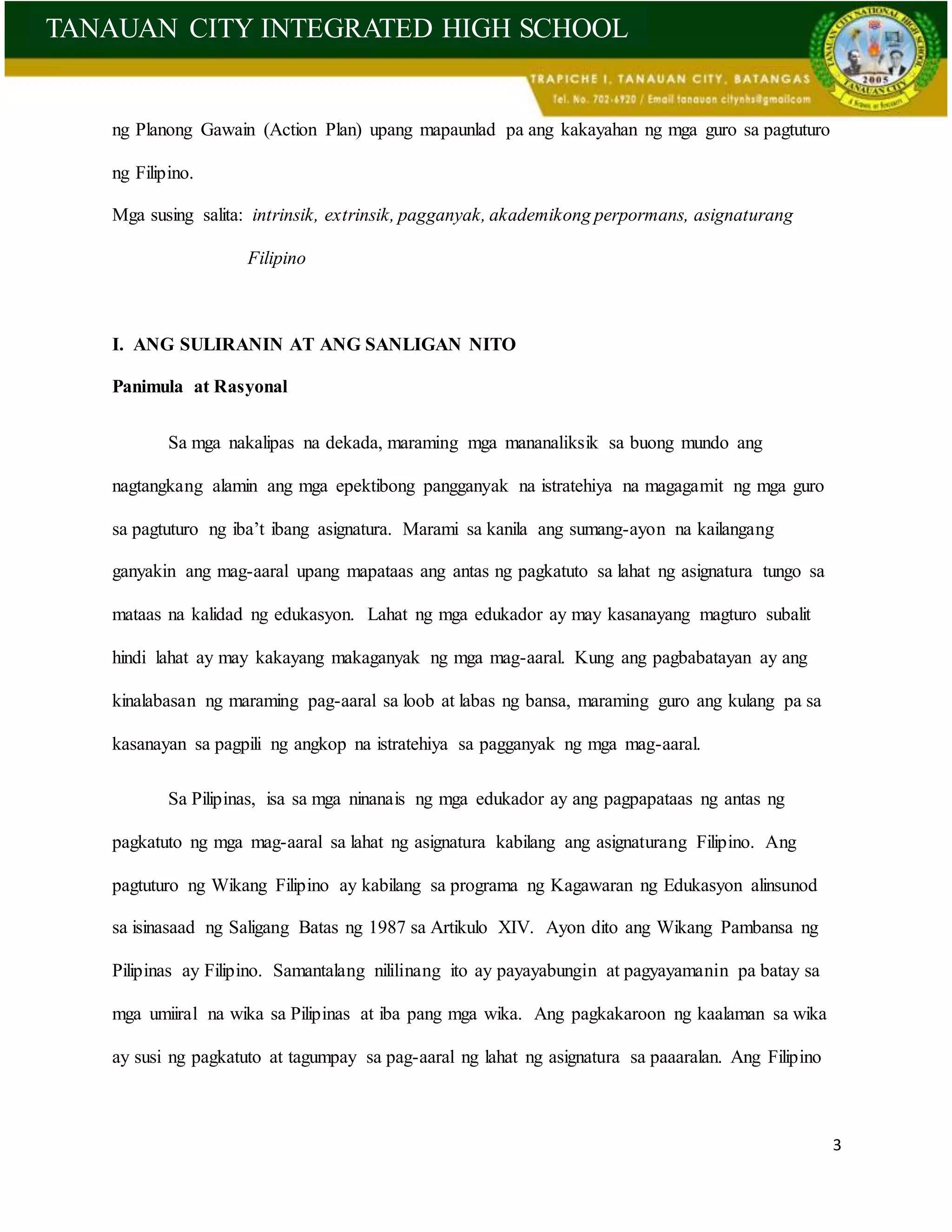 Intrinsik at Ekstrinsik: Pagganyak sa Mag-aaral Tungo sa Pagbuo ng Planong Gawain (Action Plan ...