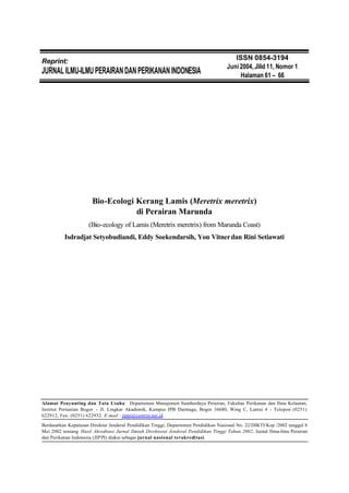 BIO-ECOLOGI KERANG LAMIS (Meretrix meretrix) DI PERAIRAN MARUNDA | PDF
