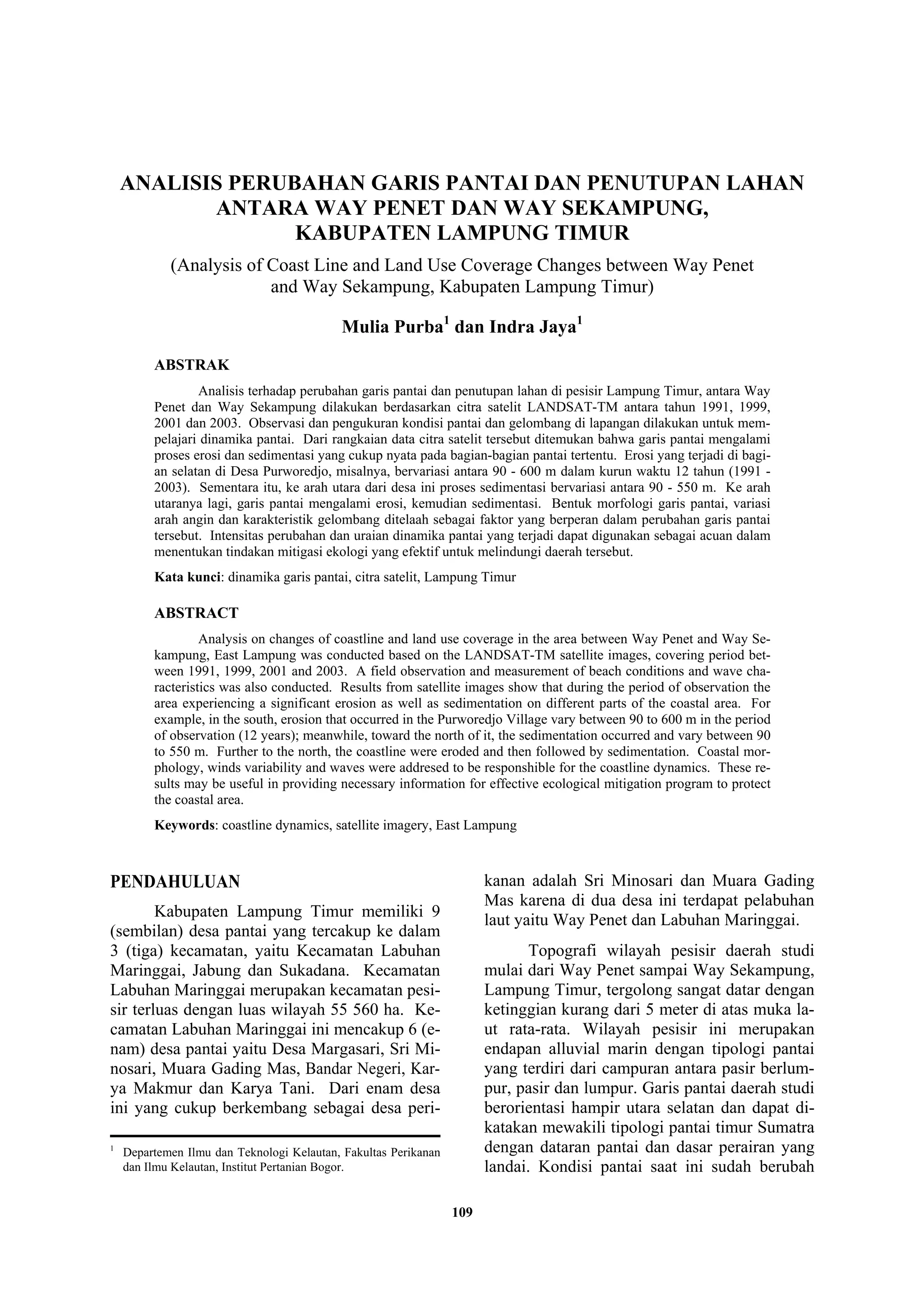 ANALISIS PERUBAHAN GARIS PANTAI DAN PENUTUPAN LAHAN ANTARA WAY PENET ...