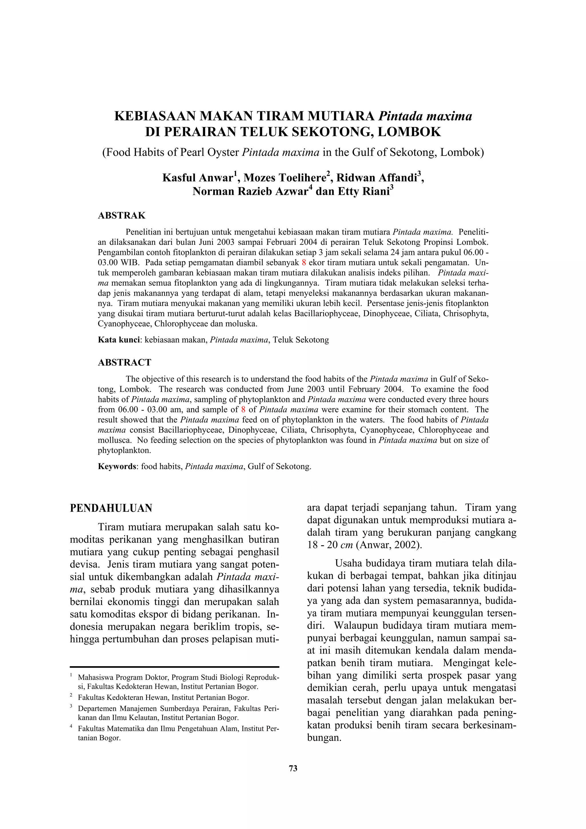 KEBIASAAN MAKAN TIRAM MUTIARA Pintada maxima DI PERAIRAN TELUK SEKOTONG ...