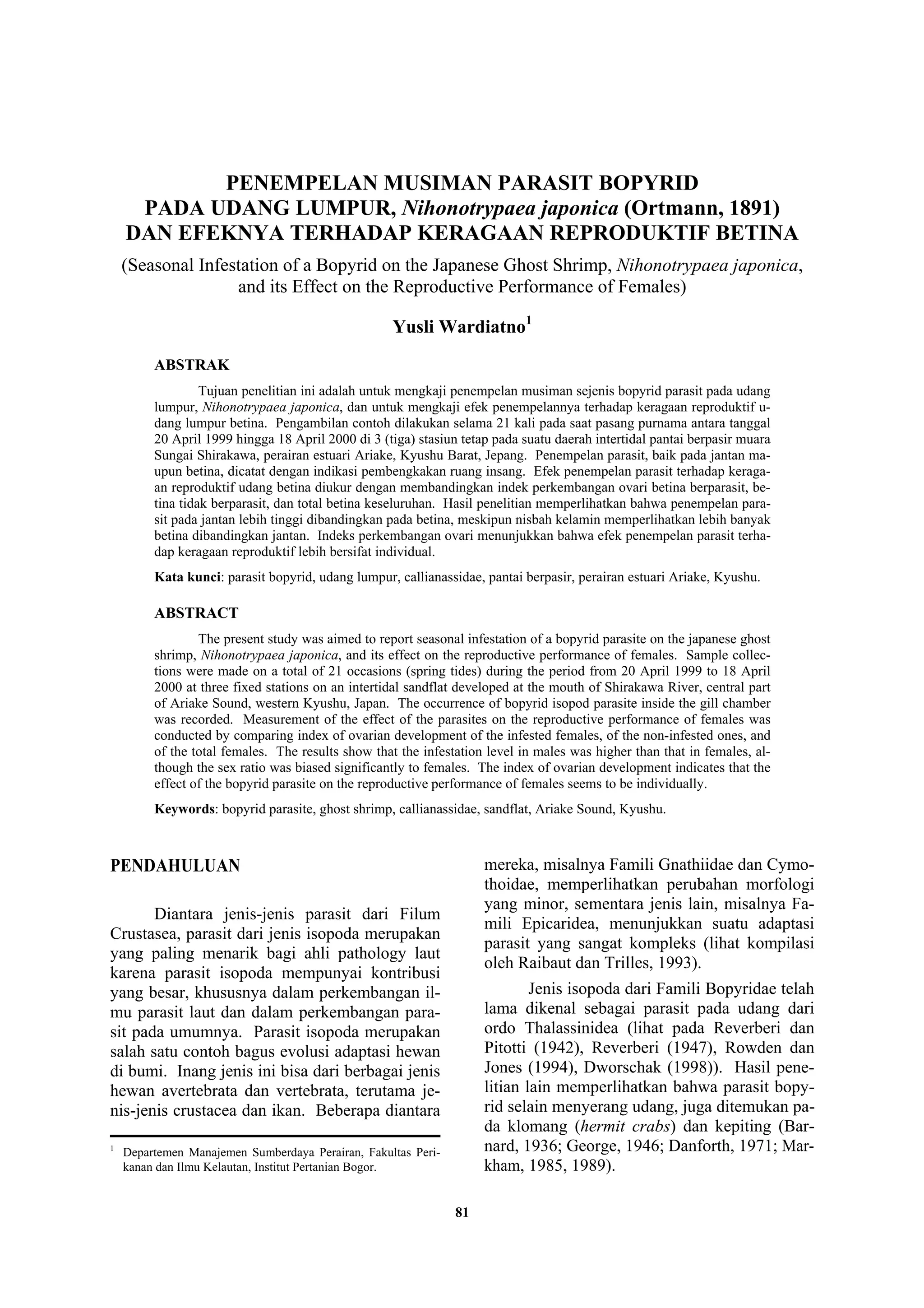 PENEMPELAN MUSIMAN PARASIT BOPYRID PADA UDANG LUMPUR, Nihonotrypaea japonica (Ortmann, 1891) DAN ...
